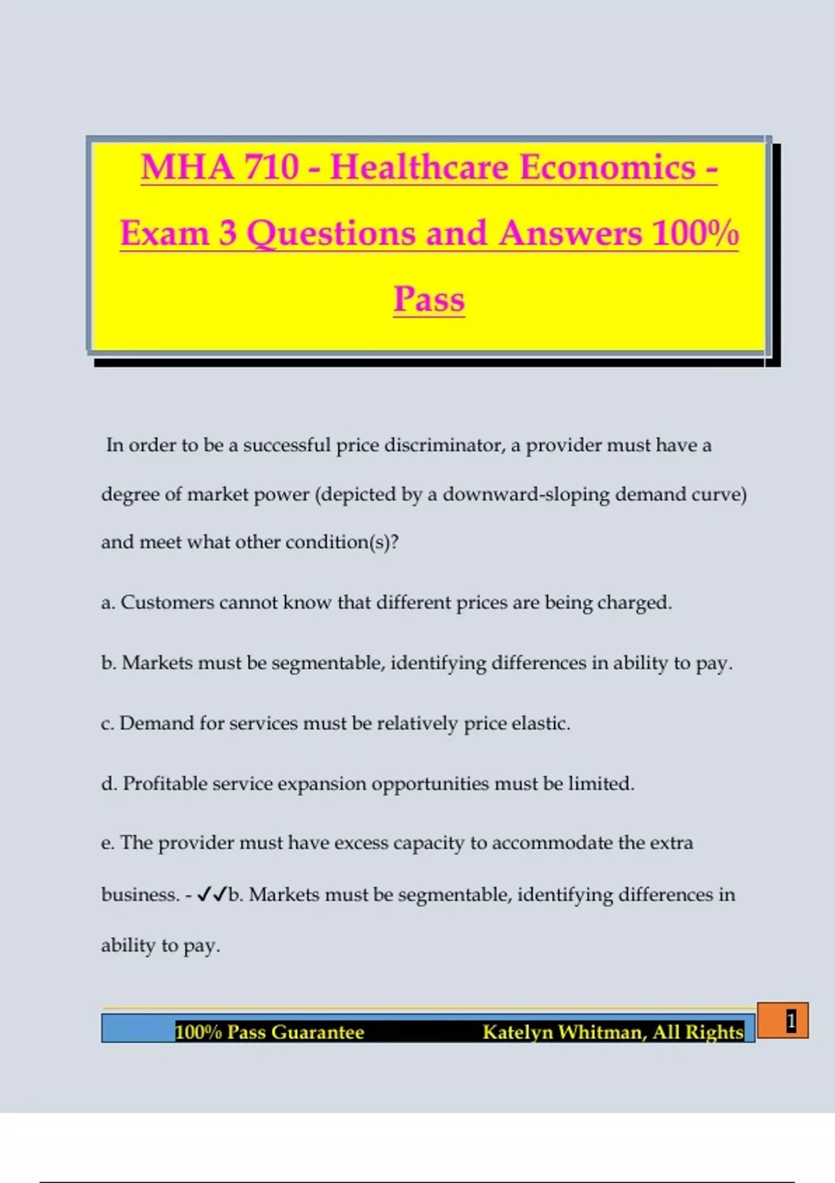 MHA 710 - Healthcare Economics - Exam 3 Questions and Answers 100% Pass - MHA 710 - Stuvia US