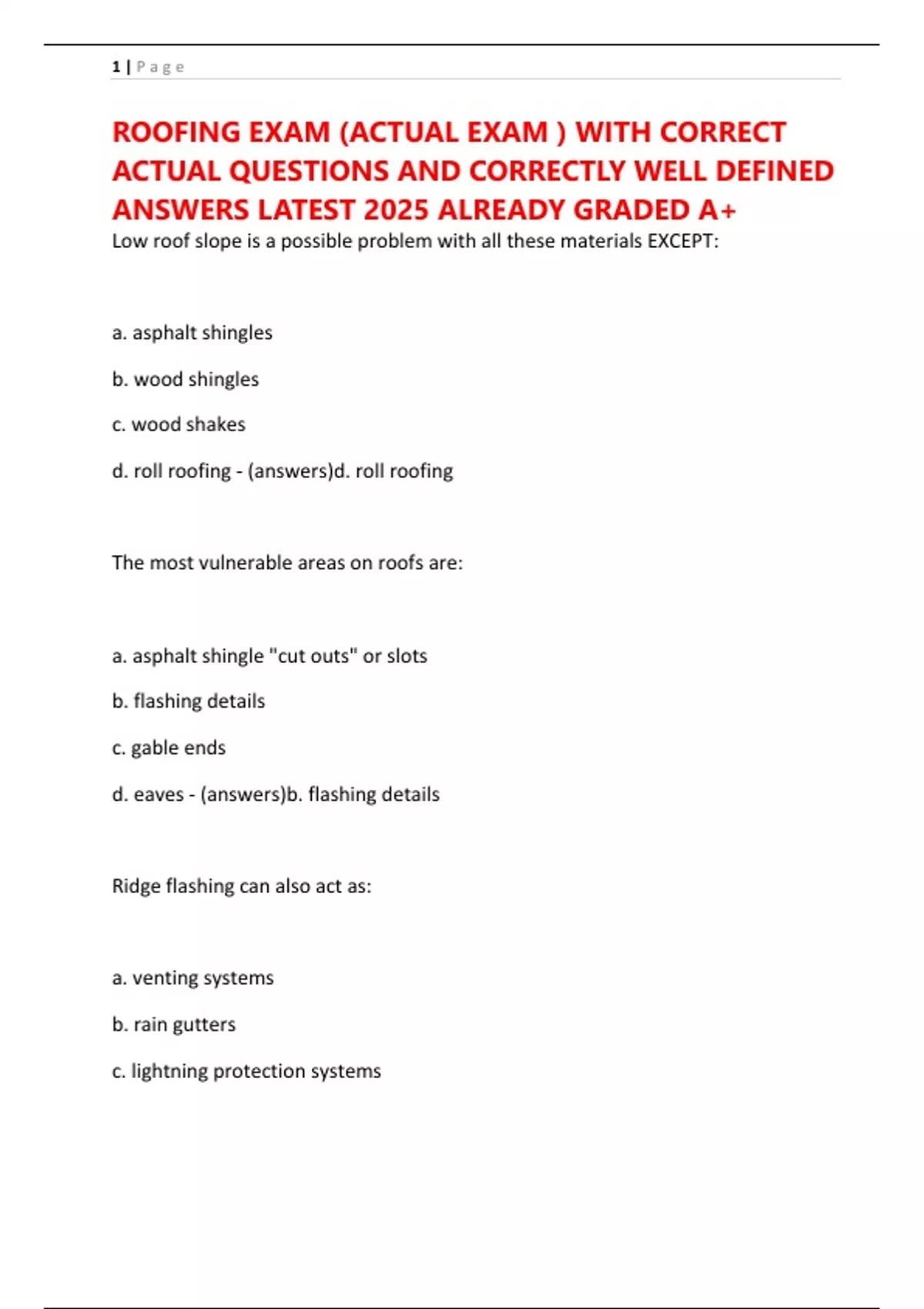 ROOFING EXAM (ACTUAL EXAM ) WITH CORRECT ACTUAL QUESTIONS AND CORRECTLY ...