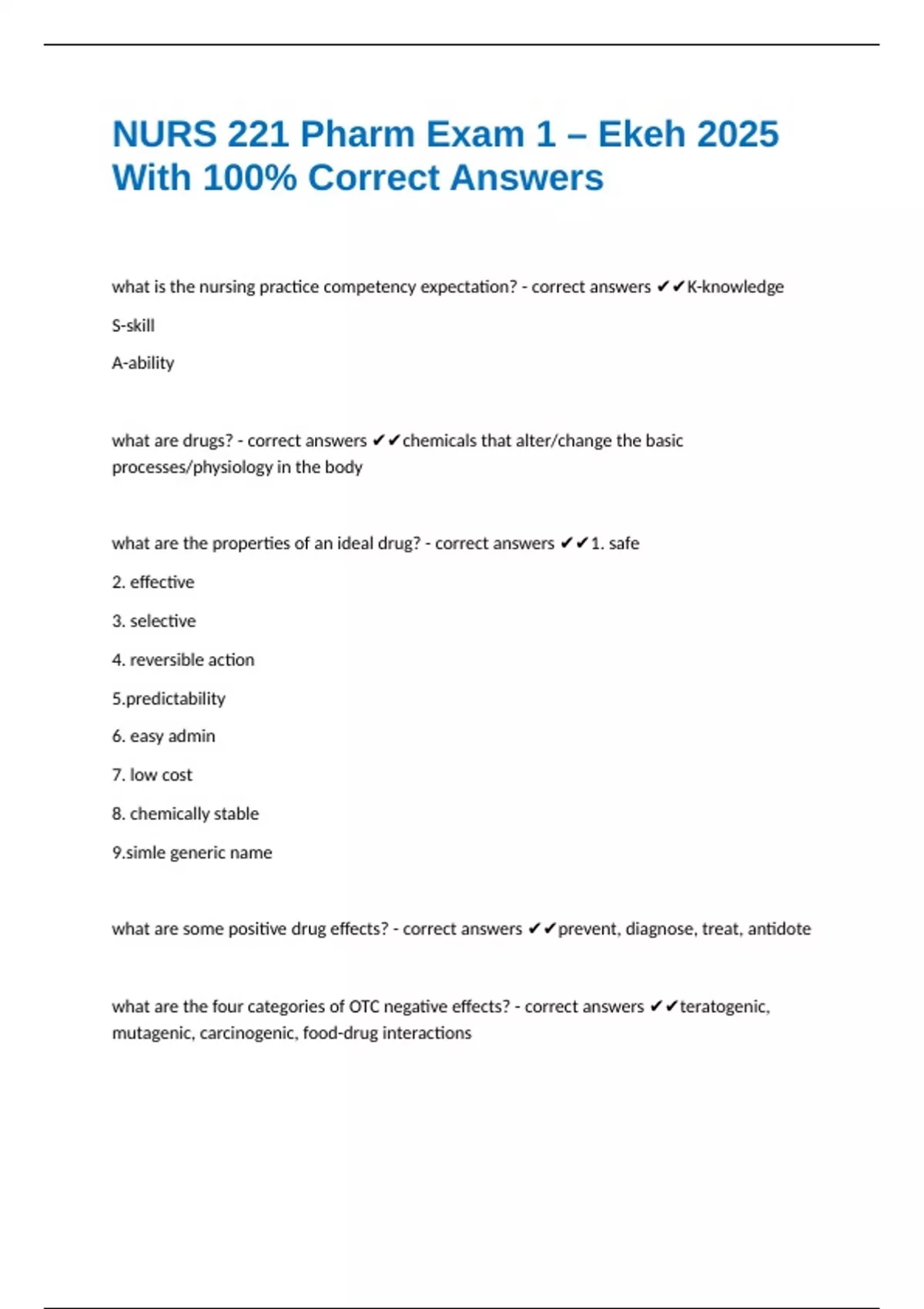 NURS 221 Pharm Exam 1 – Ekeh 2025 With 100% Correct Answers - NURS 221 ...