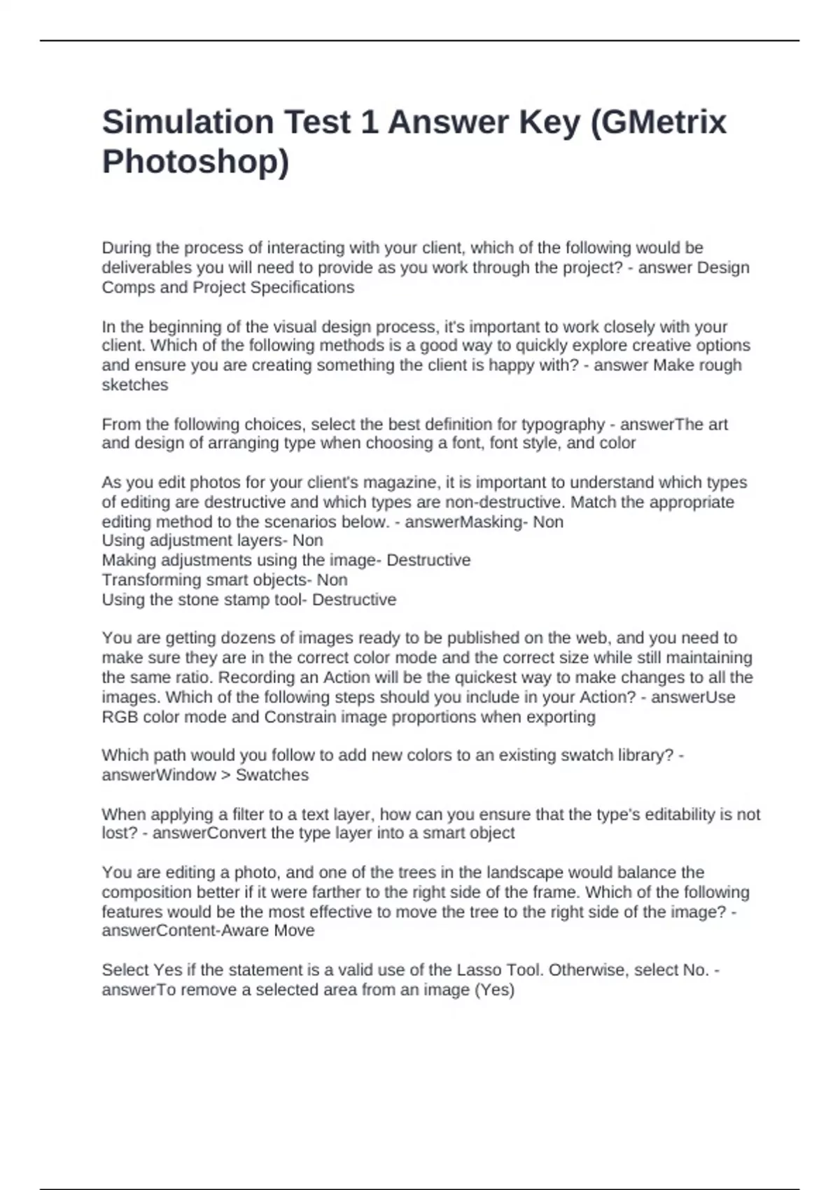 Simulation Test 1 Answer Key (GMetrix Photoshop) Questions and Answers ...