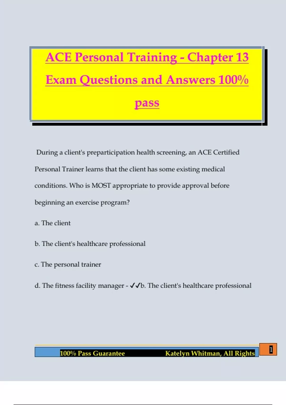 ACE Personal Training - Chapter 13 Exam Questions and Answers 100% pass ...