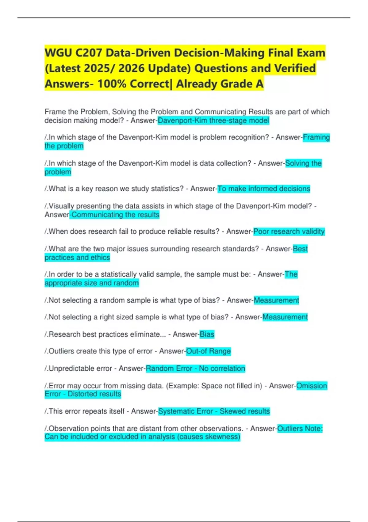 WGU C207 Data-Driven Decision-Making Final Exam (Latest 2025/ 2026 ...