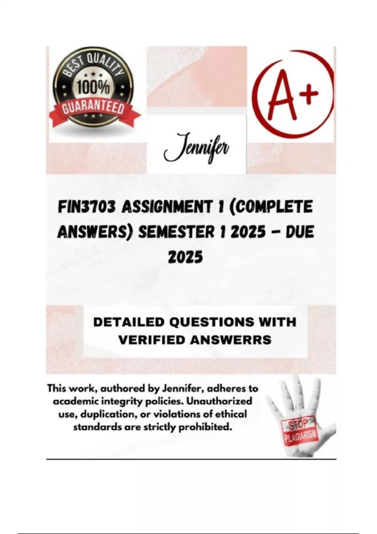 FIN3703 Assignment 1 (COMPLETE ANSWERS) Semester 1 2025 - DUE 2025; 100 ...