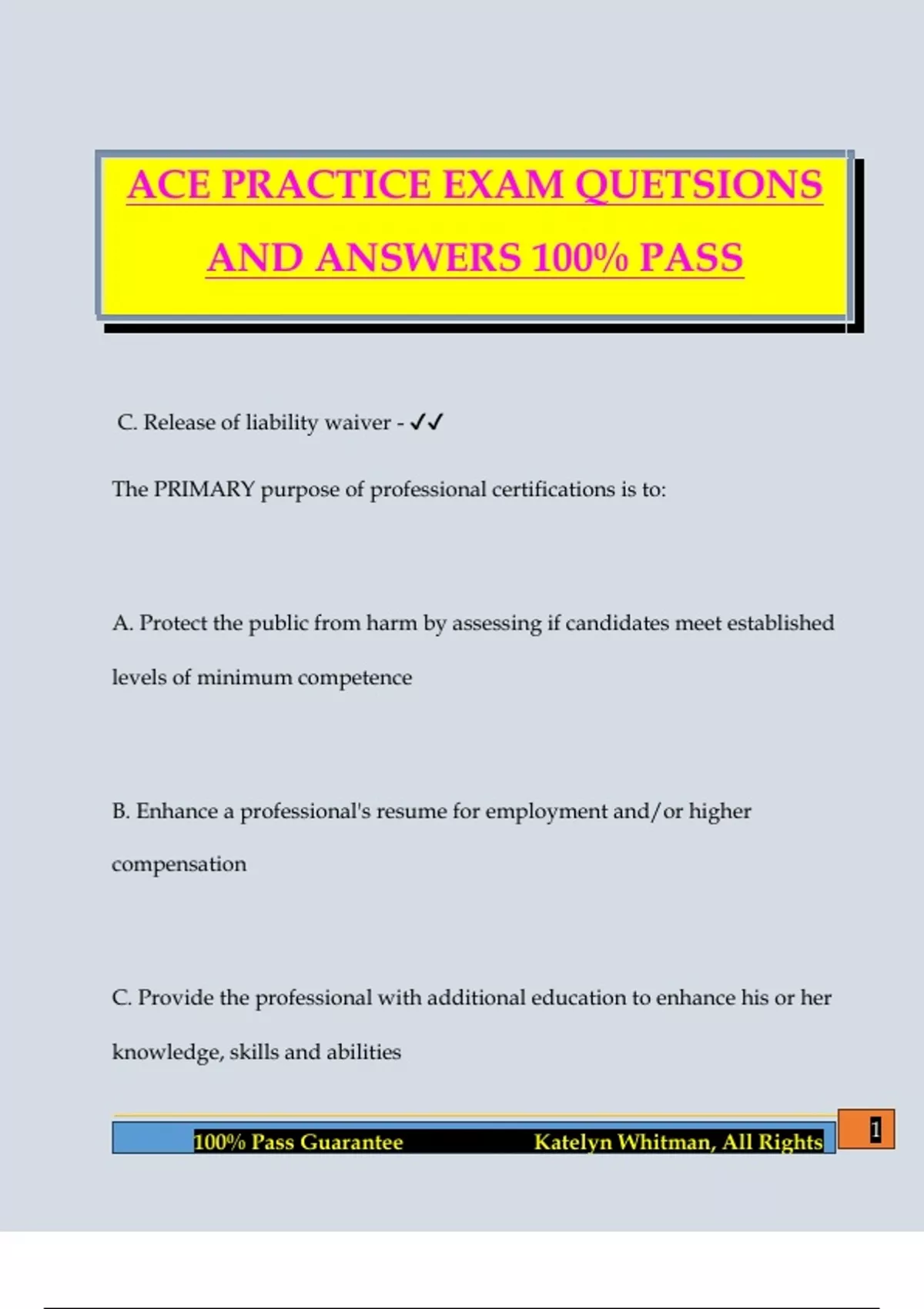 ACE PRACTICE EXAM QUETSIONS AND ANSWERS 100% PASS - ACE Personal Trainer - Stuvia US