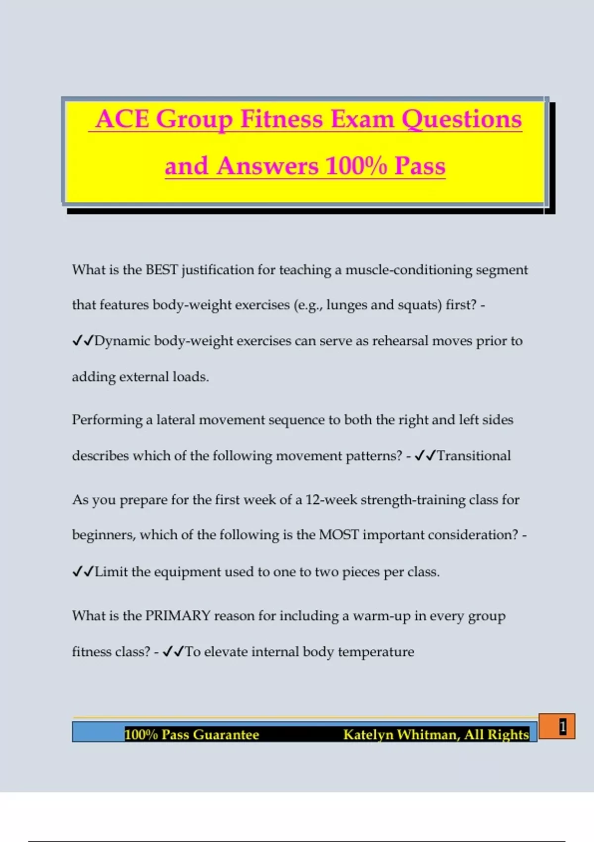 ACE Group Fitness Exam Questions and Answers 100% Pass - ACE Personal ...