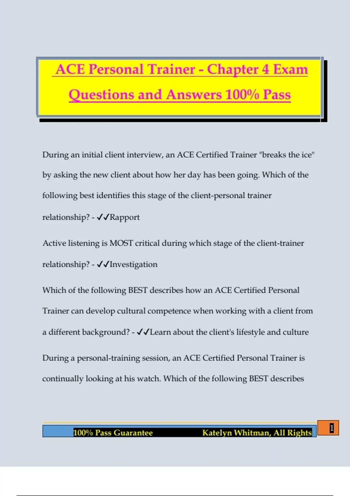 ACE Personal Trainer - Chapter 4 Exam Questions and Answers 100% Pass ...