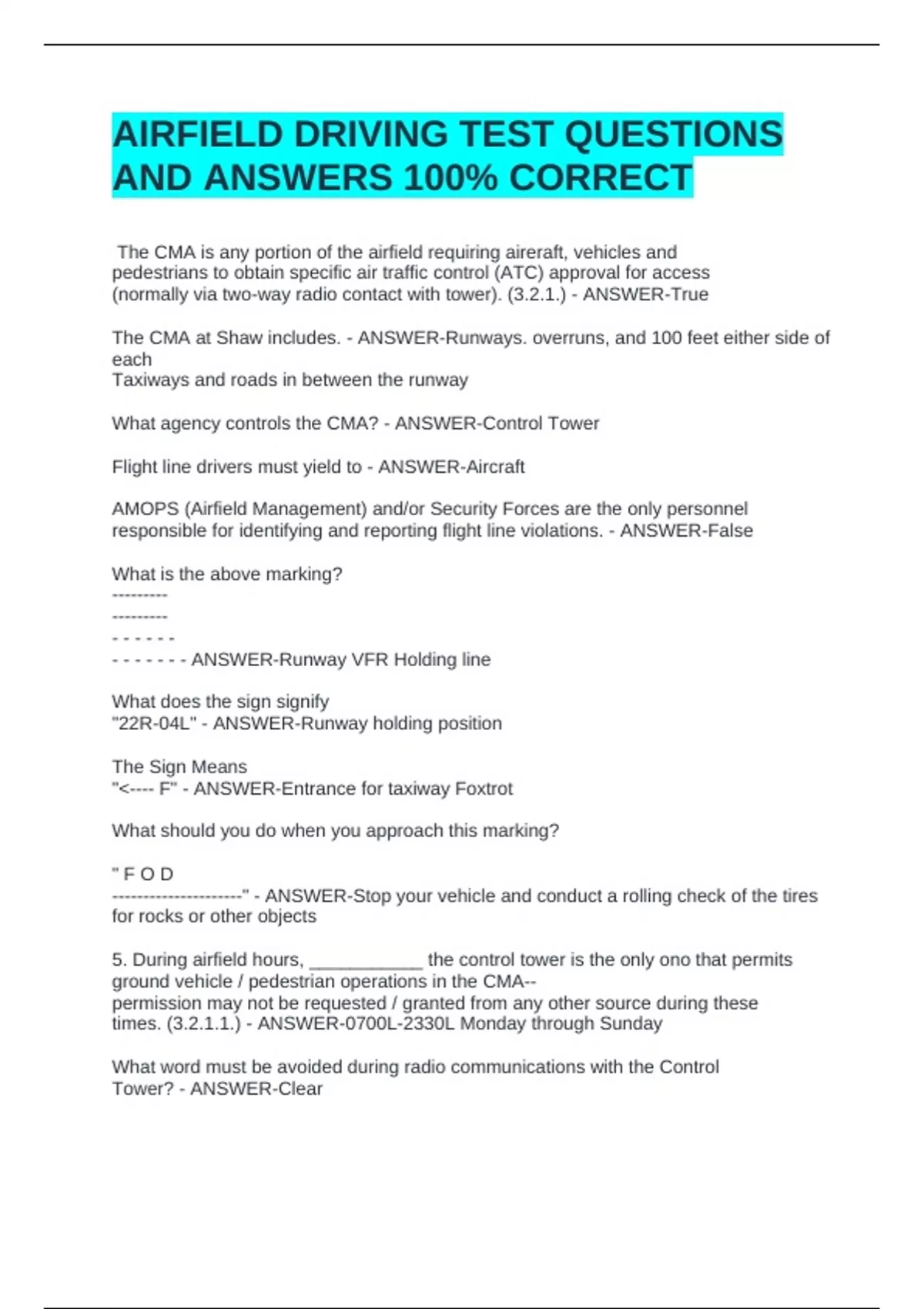 AIRFIELD DRIVING TEST QUESTIONS AND ANSWERS 100% CORRECT - AIRFIELD ...