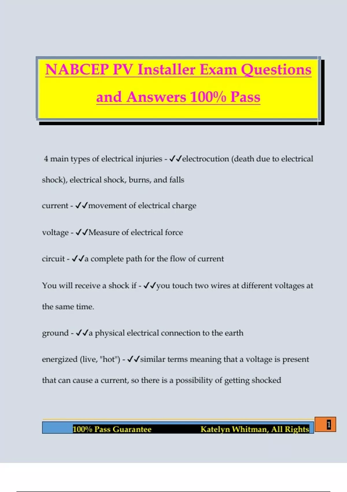NABCEP PV Installer Exam Questions and Answers 100% Pass - NABCEP PV ...