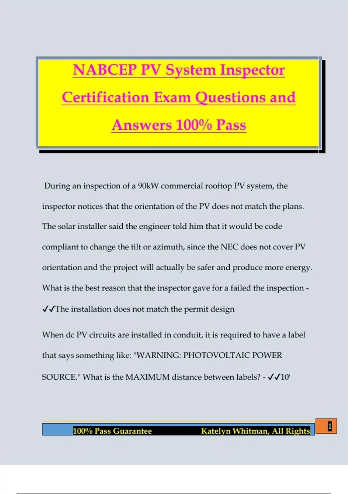 NABCEP PV System Inspector Certification Exam Questions and Answers 100% Pass - NABCEP PV ...