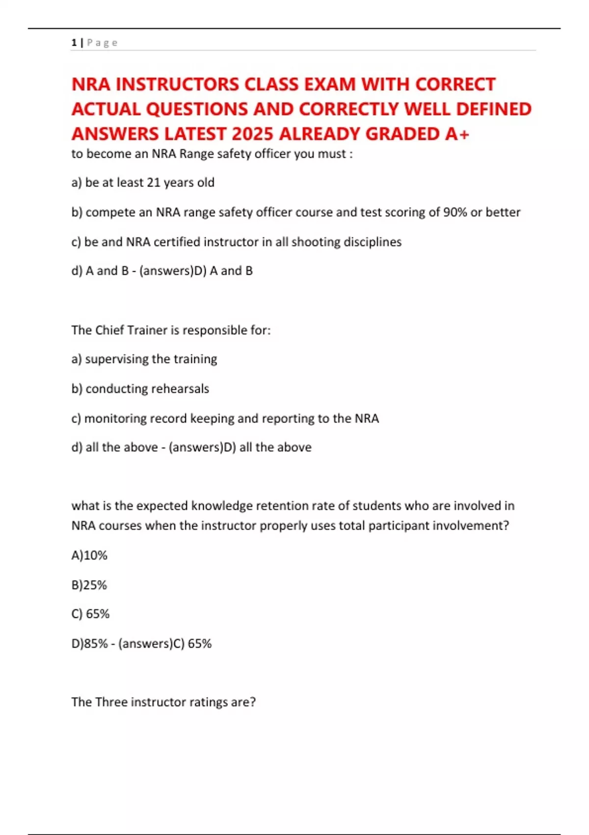 NRA INSTRUCTORS CLASS EXAM WITH CORRECT ACTUAL QUESTIONS AND CORRECTLY ...