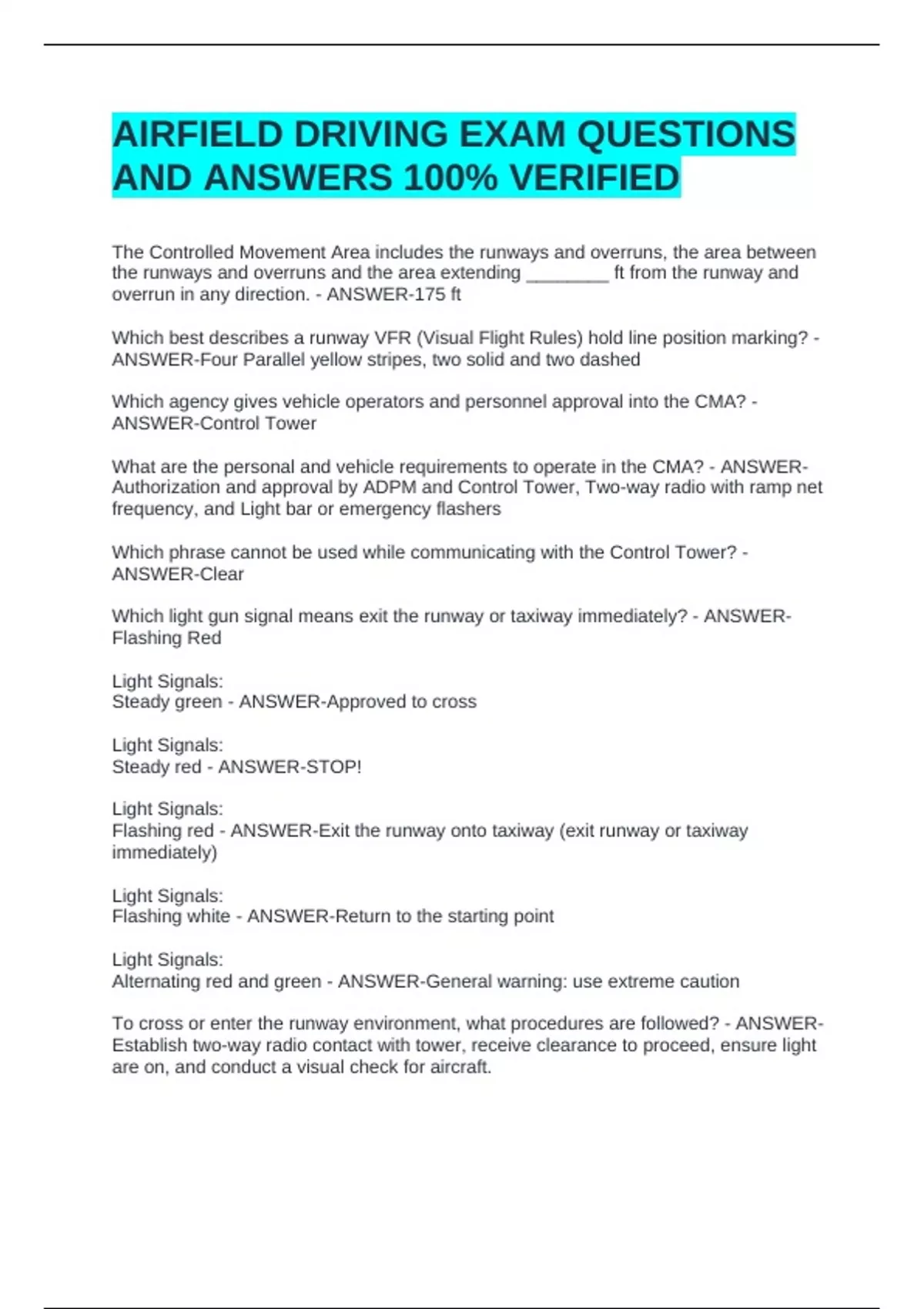 AIRFIELD DRIVING EXAM QUESTIONS AND ANSWERS 100% VERIFIED - AIRFIELD ...