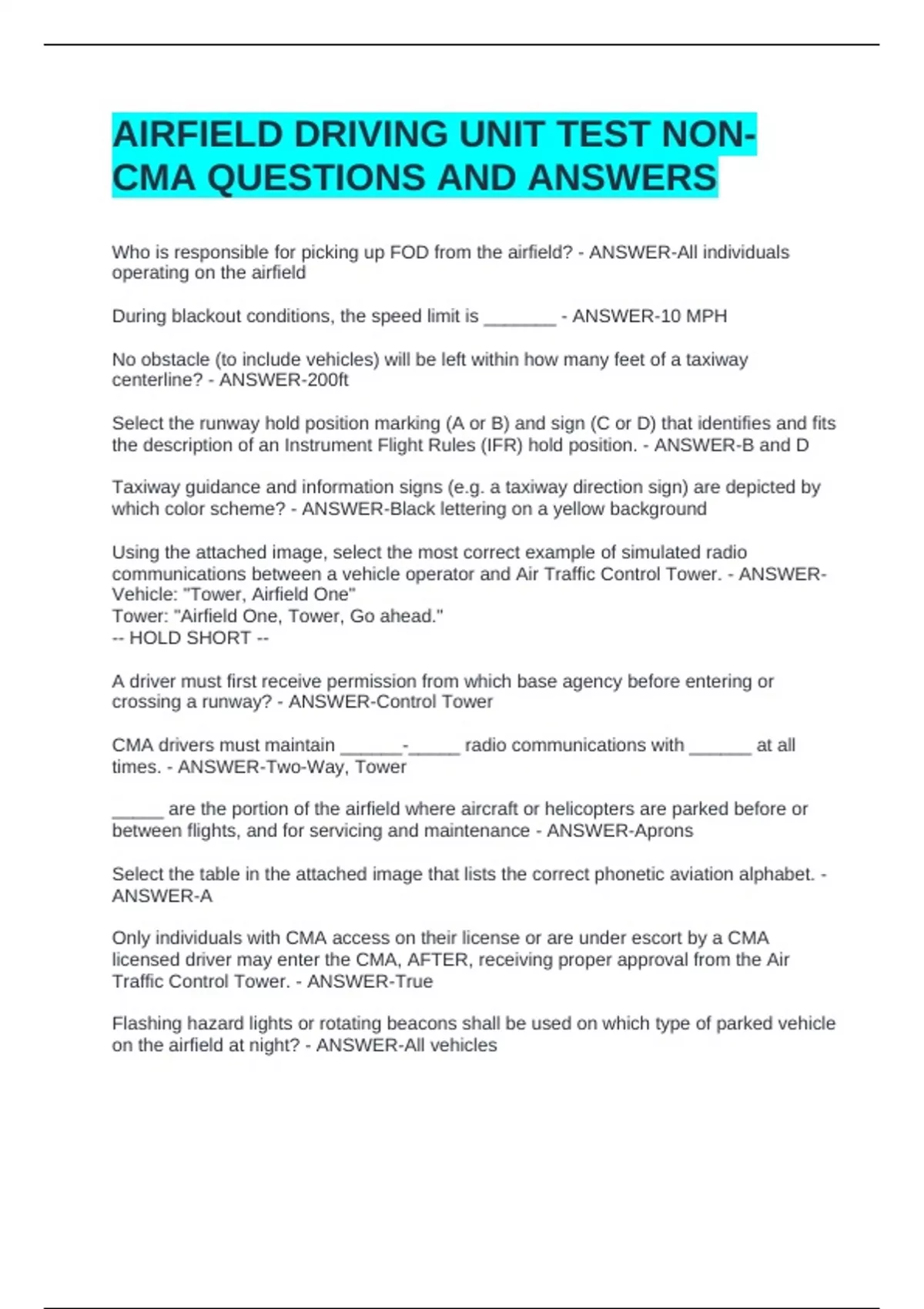 AIRFIELD DRIVING UNIT TEST NON-CMA QUESTIONS AND ANSWERS - AIRFIELD ...