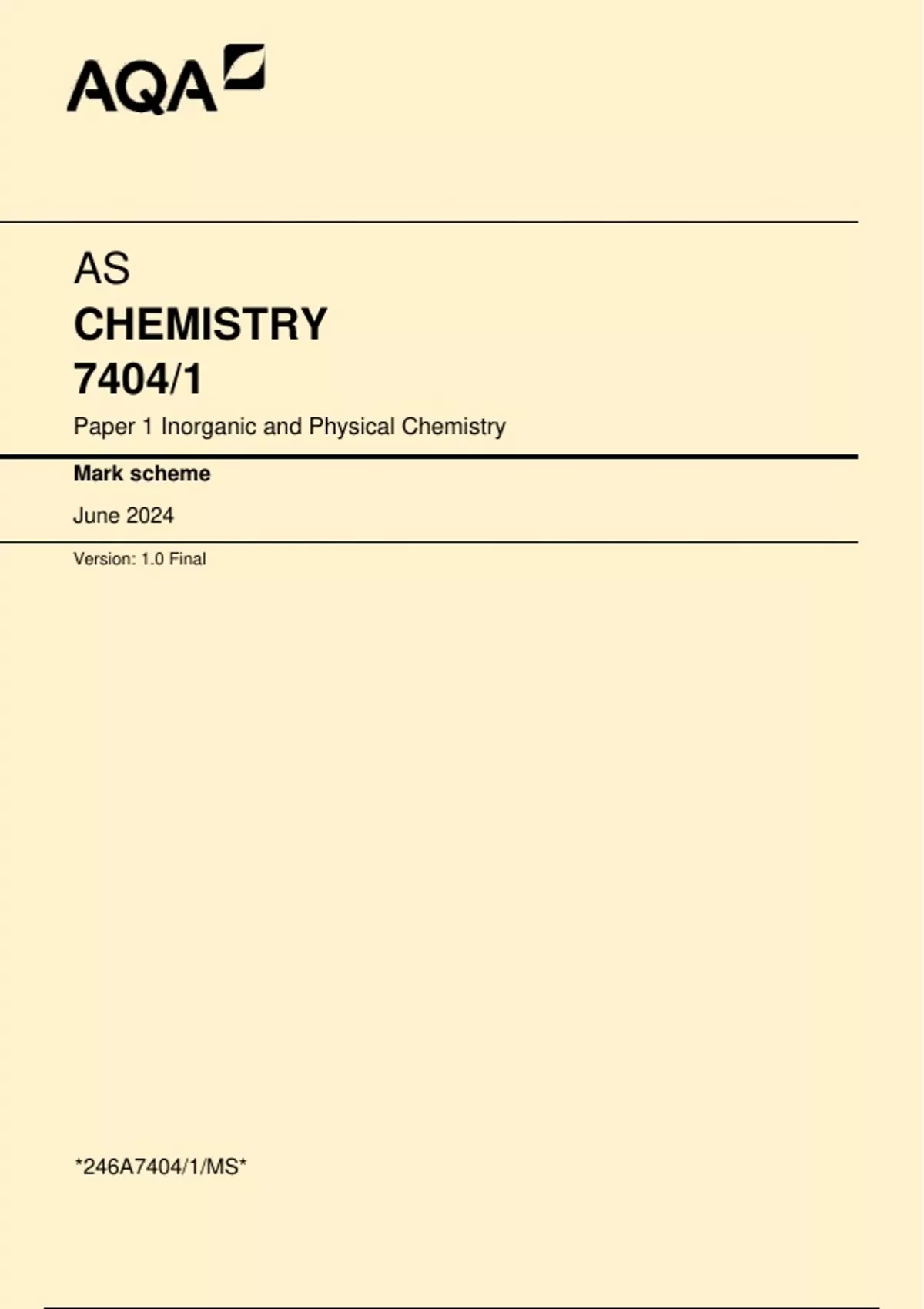 AS CHEMISTRY 7404/1 Paper 1 Inorganic and Physical Chemistry Mark ...