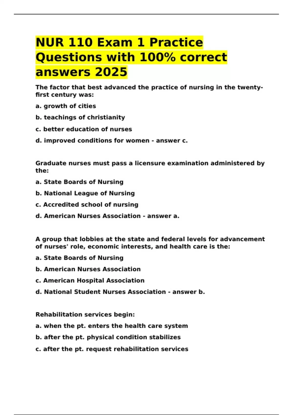 NUR 110 Exam 1 Practice Questions with 100- correct answers 2025. - NUR ...