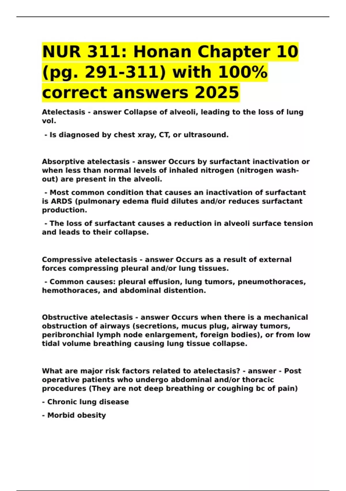 NUR 311 Honan Chapter 10 (pg. 291-311) with 100- correct answers 2025 - NUR 291 - Stuvia US