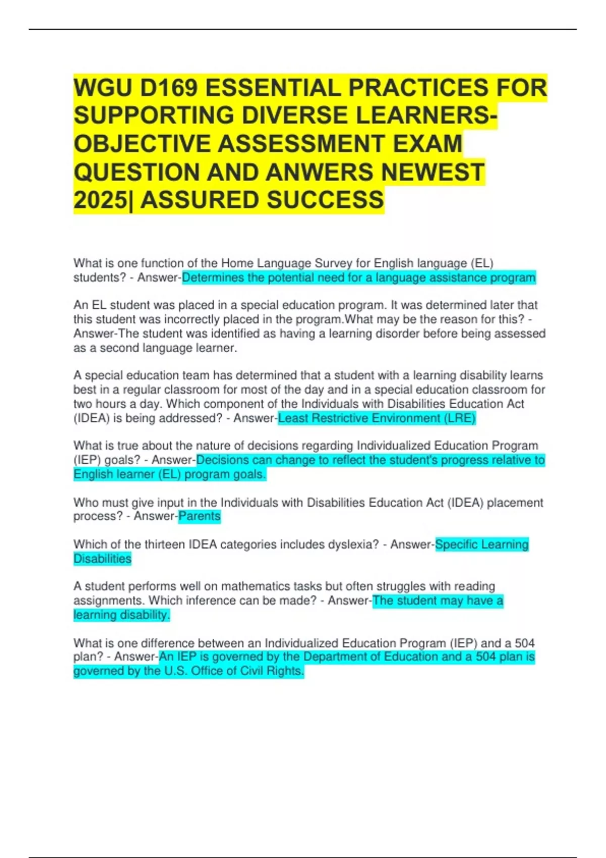 WGU D169 ESSENTIAL PRACTICES FOR SUPPORTING DIVERSE LEARNERS- OBJECTIVE ASSESSMENT EXAM QUESTION ...