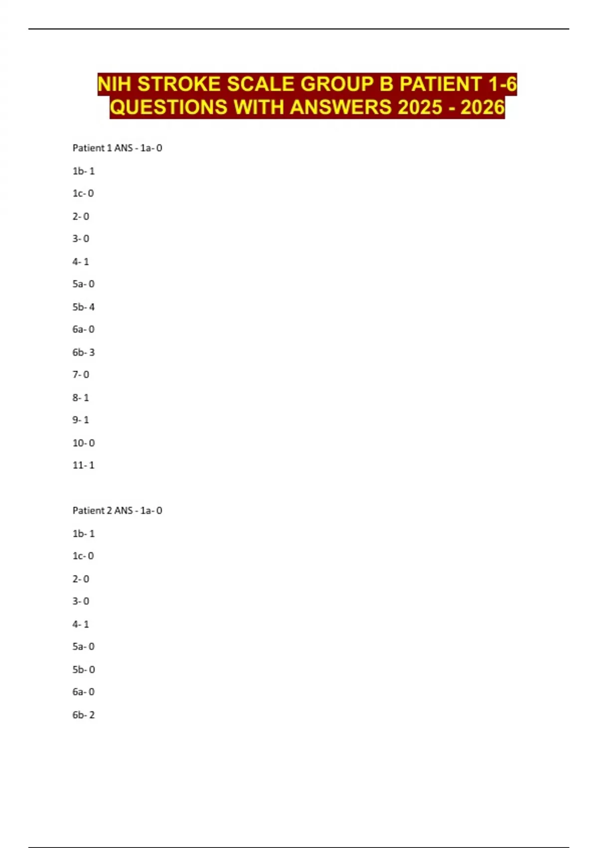 NIH STROKE SCALE GROUP B PATIENT 1-6 QUESTIONS WITH ANSWERS - NIHSS ...