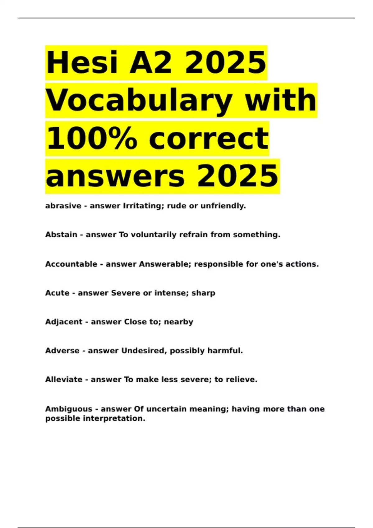 Hesi A2 2025 Vocabulary with 100- correct answers 2025. - Hesi A2 - Stuvia US