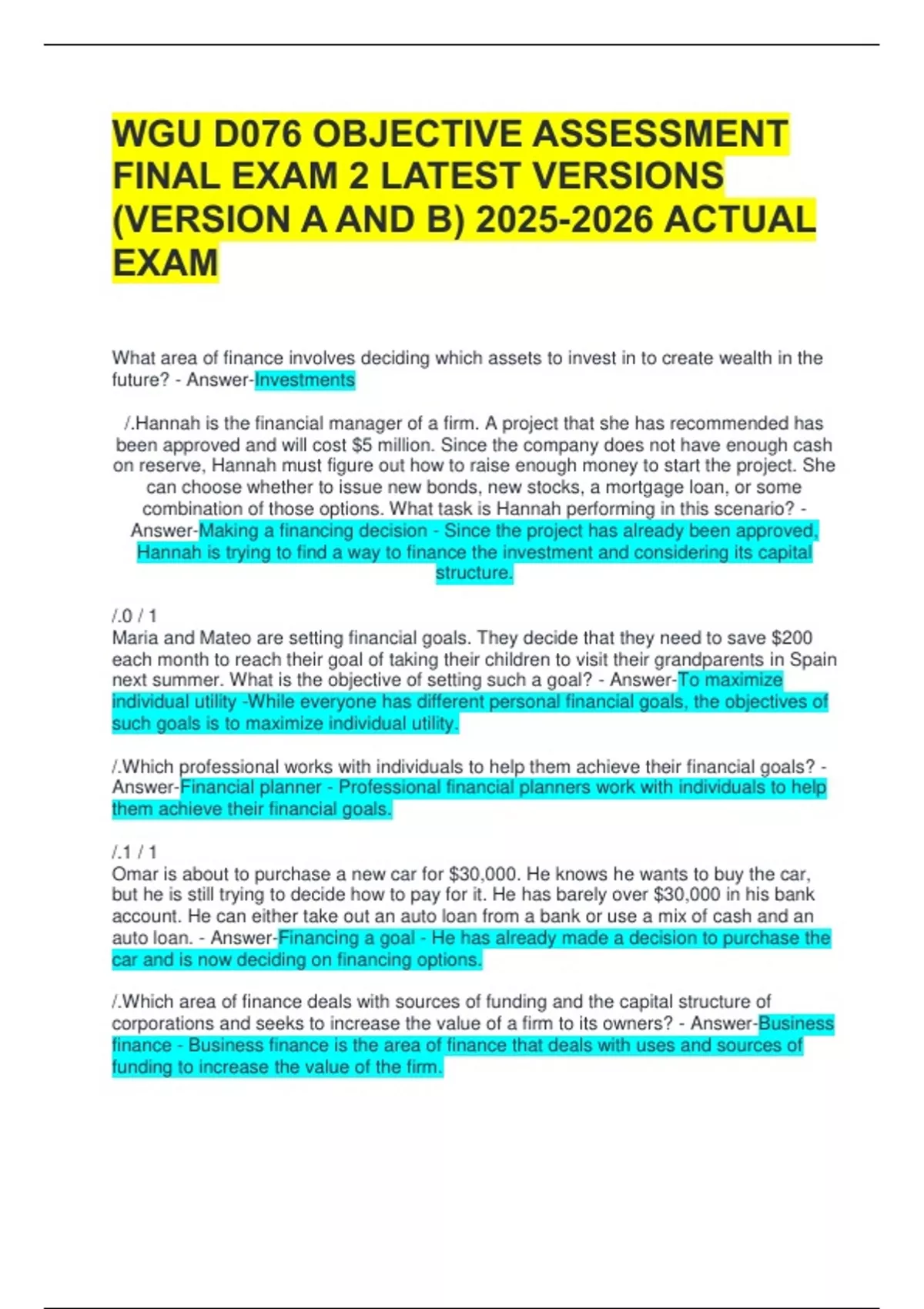 WGU D076 OBJECTIVE ASSESSMENT FINAL EXAM 2 LATEST VERSIONS (VERSION A ...