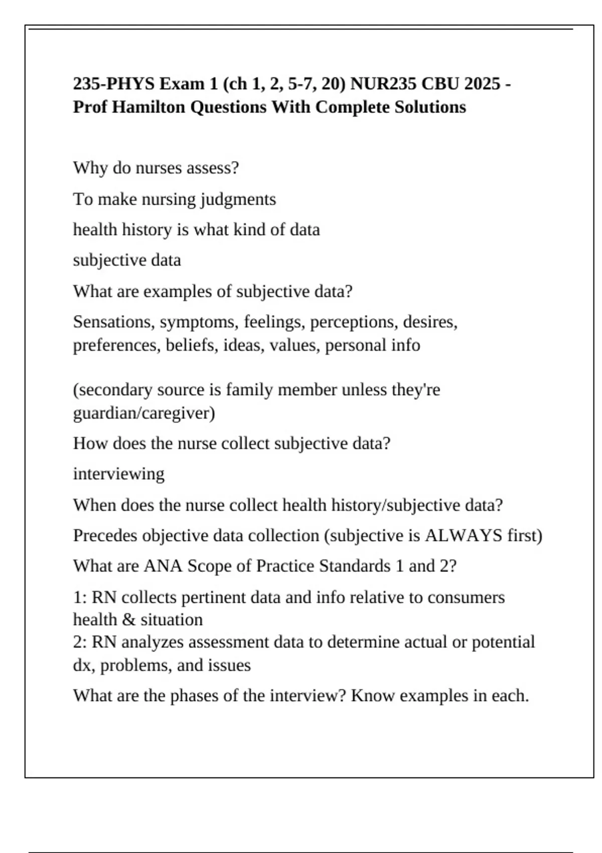 235-PHYS Exam 1 (ch 1, 2, 5-7, 20) NUR235 CBU 2025 - Prof Hamilton ...