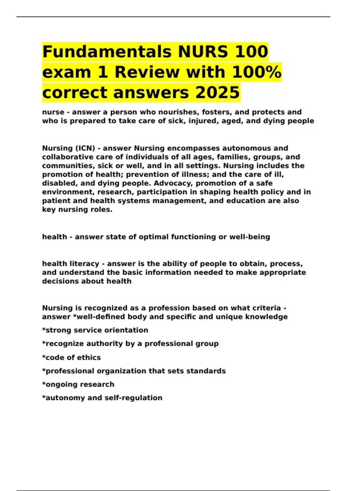 Fundamentals NURS 100 exam 1 Review with 100- correct answers 2025. - Nurs 100 - Stuvia US