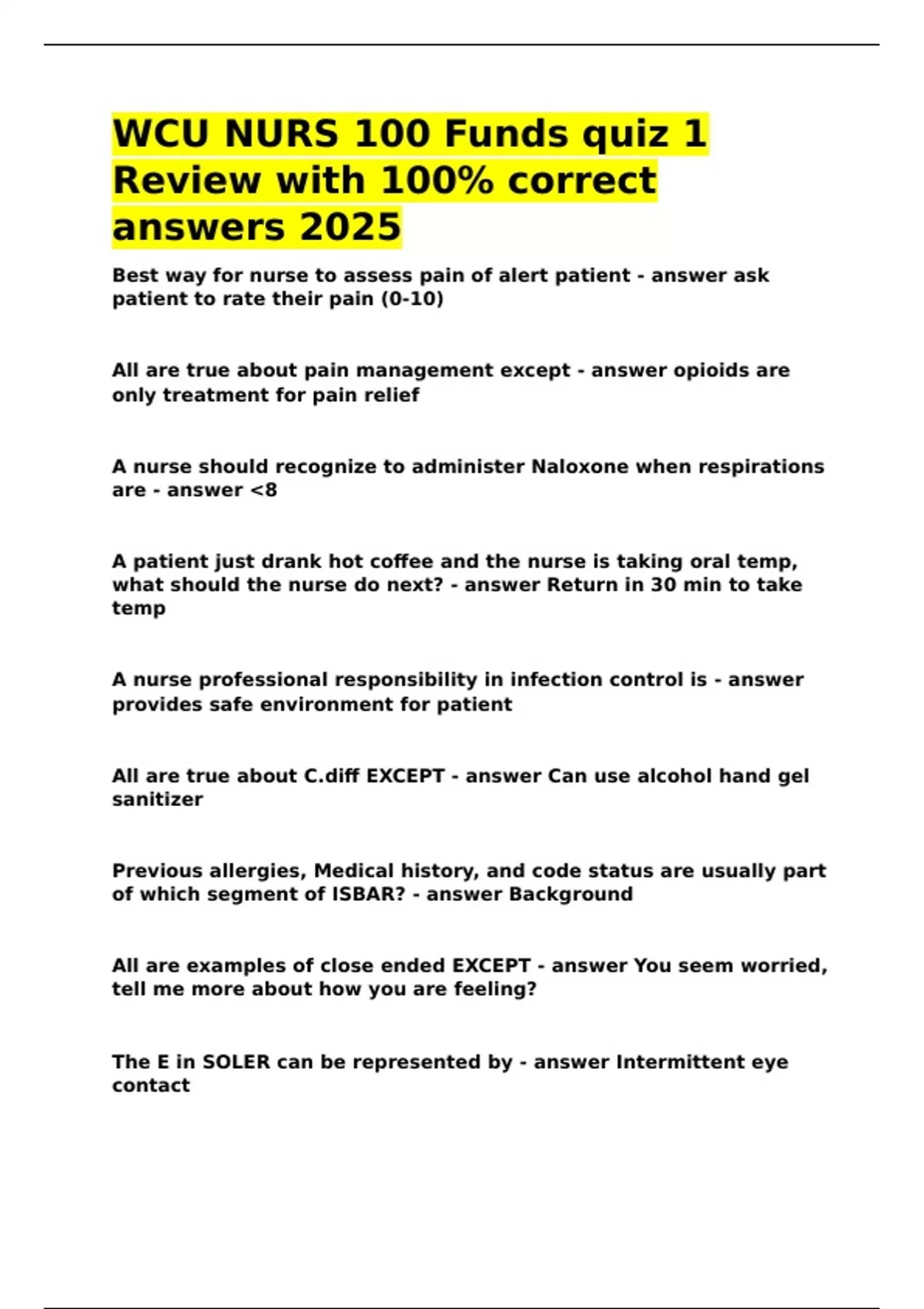 WCU NURS 100 Funds quiz 1 Review with 100- correct answers 2025. - Nurs ...