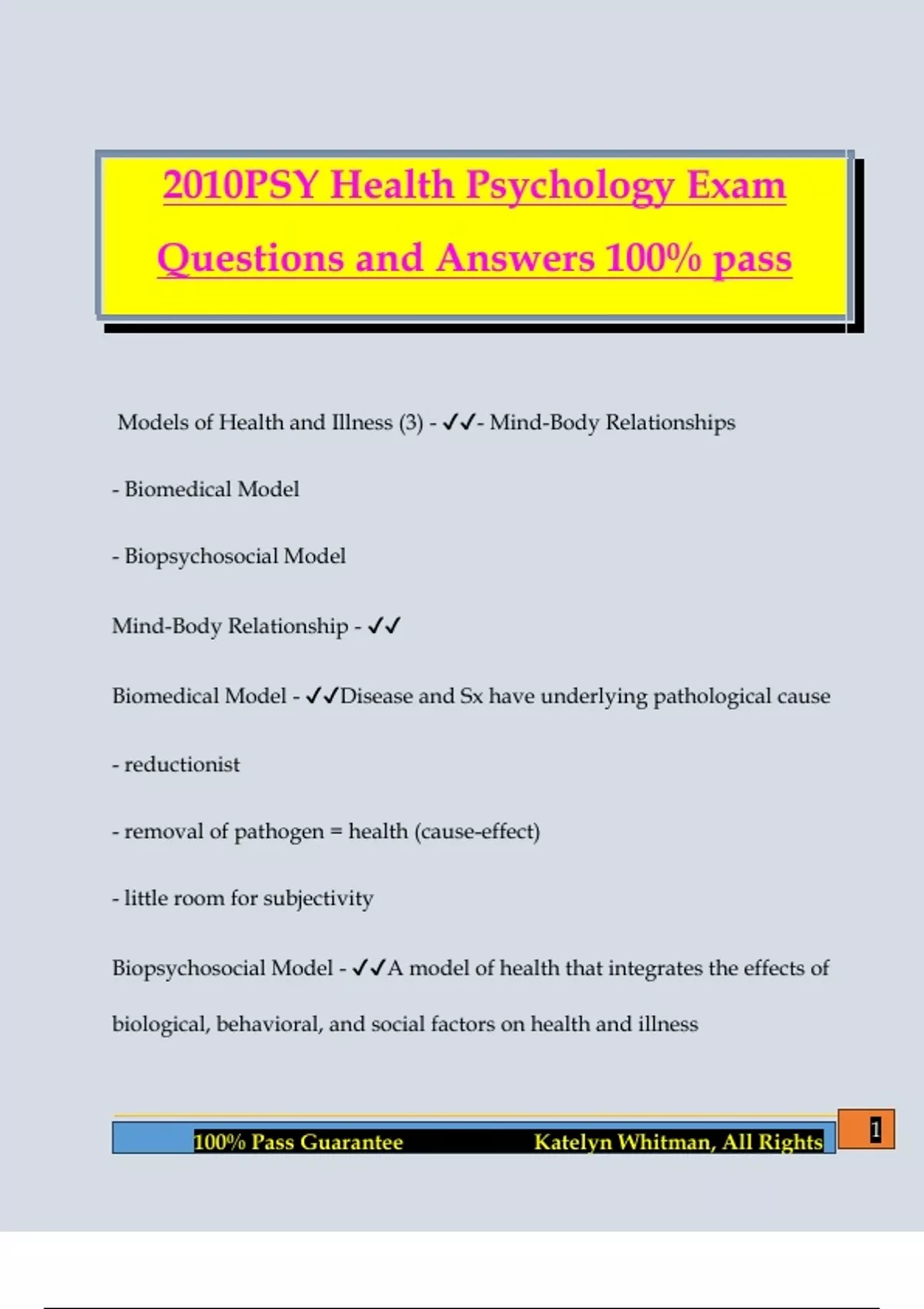 2010PSY Health Psychology Exam Questions and Answers 100% pass - PSY 2010 - Stuvia US