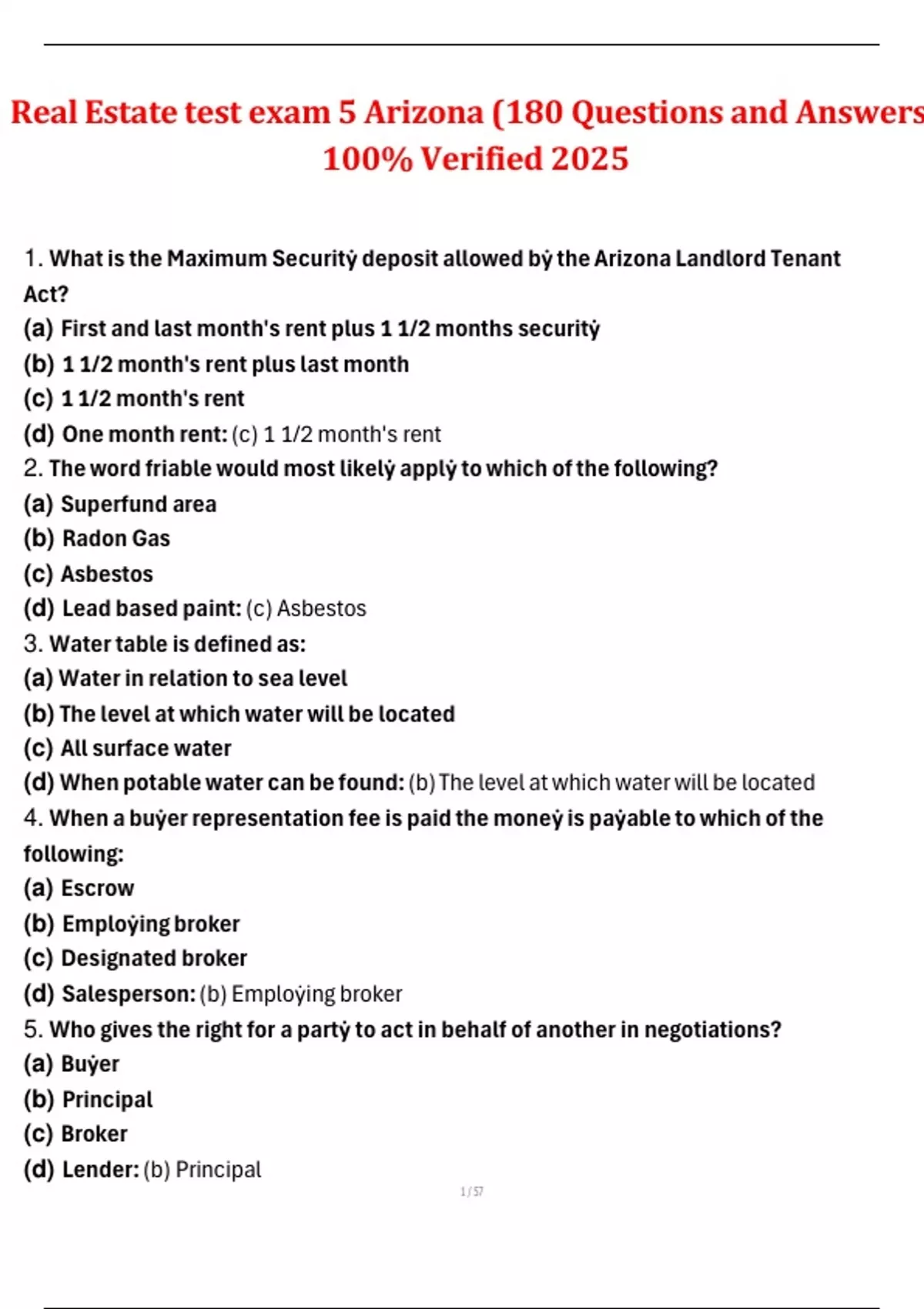 Real Estate test exam 5 Arizona (180 Questions and Answers) 100% ...