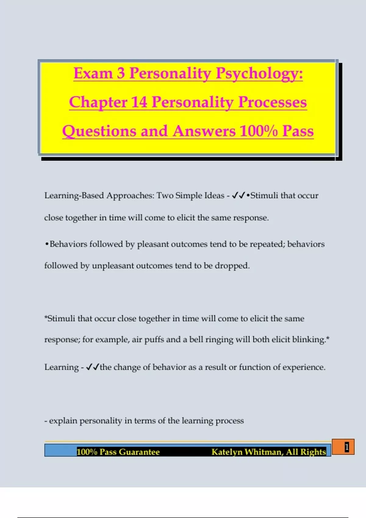 Exam 3 Personality Psychology: Chapter 14 Personality Processes ...
