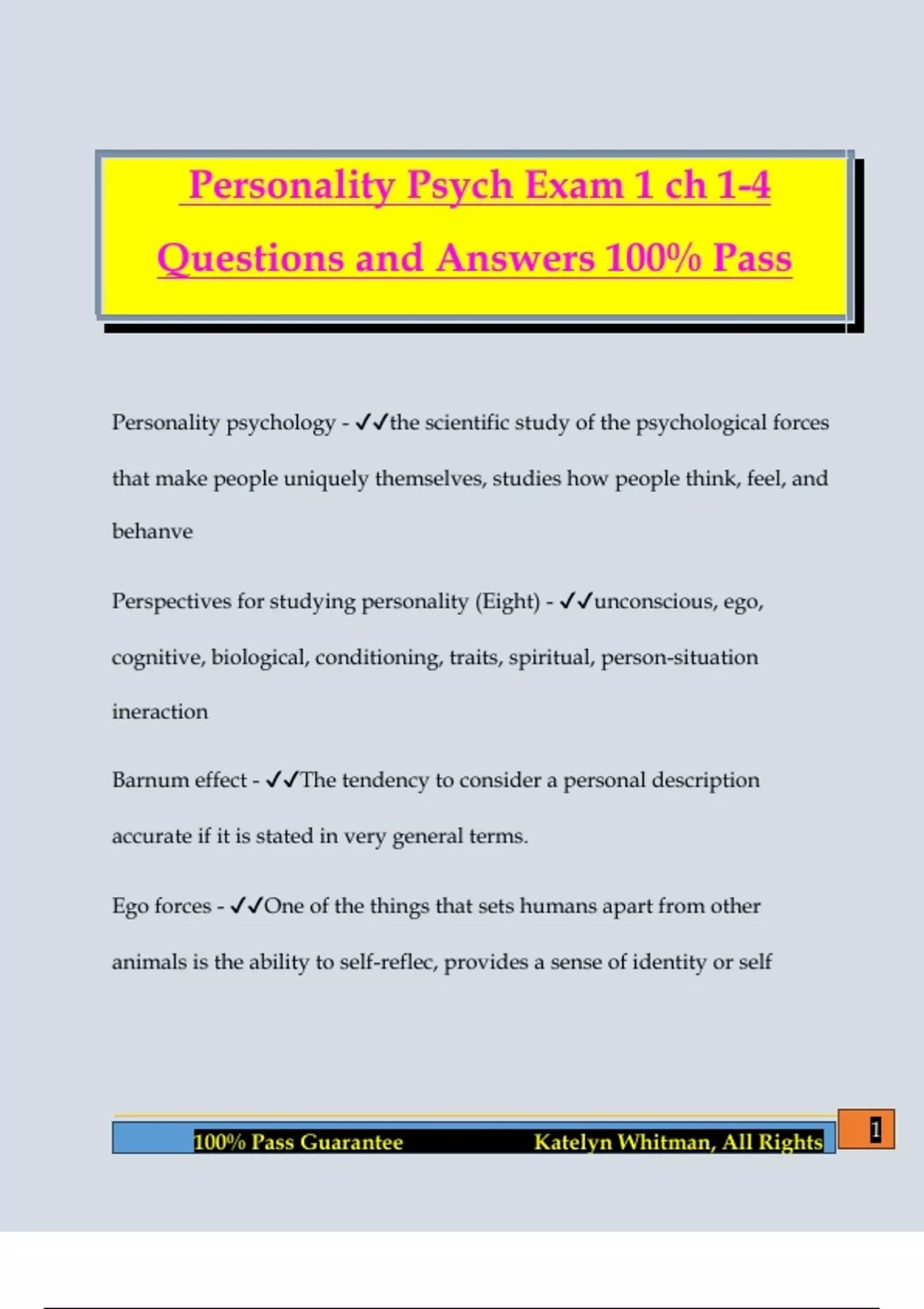 Personality Psych Exam 1 ch 1-4 Questions and Answers 100% Pass ...