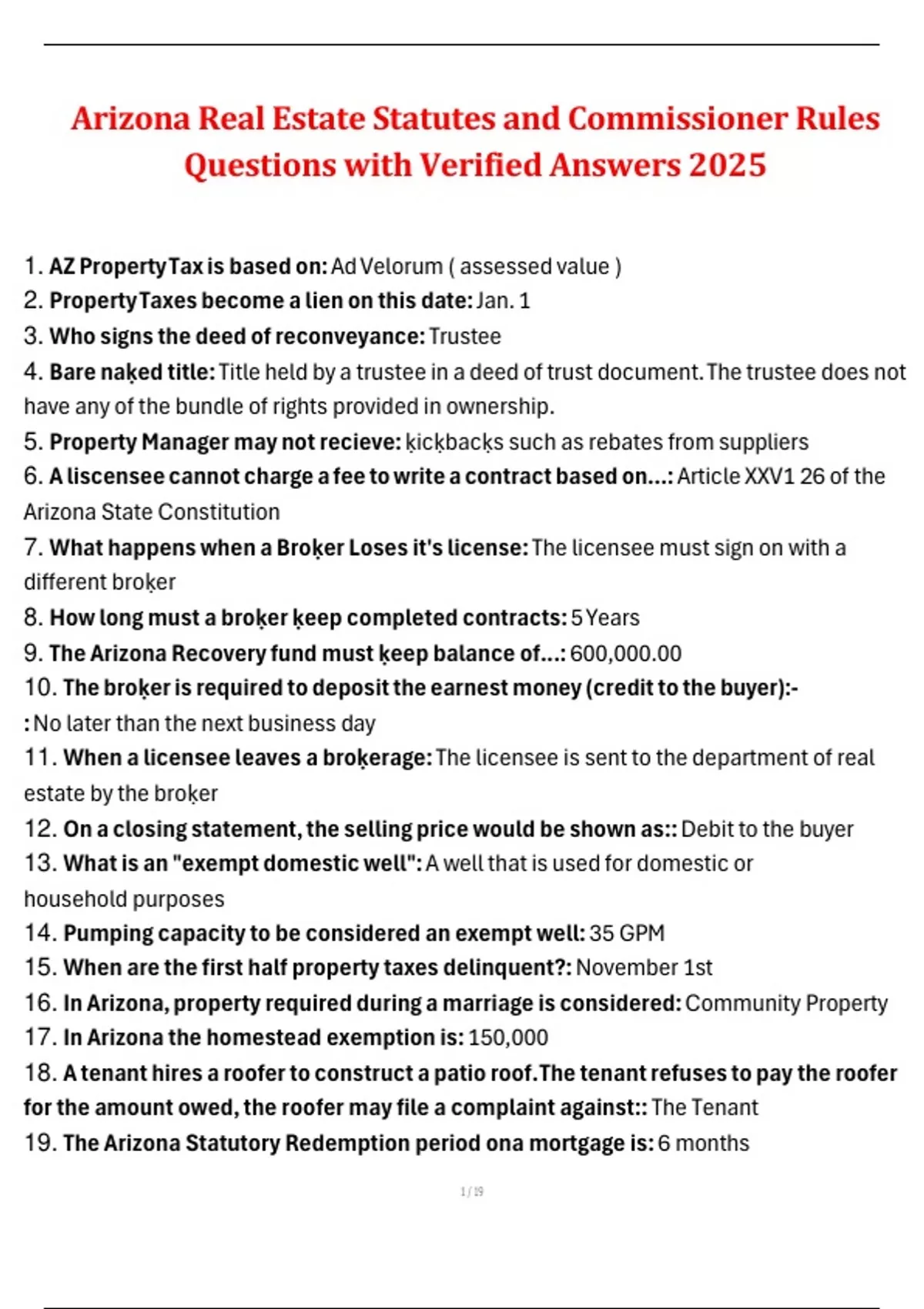 Arizona Real Estate Statutes and Commissioner Rules Questions with ...