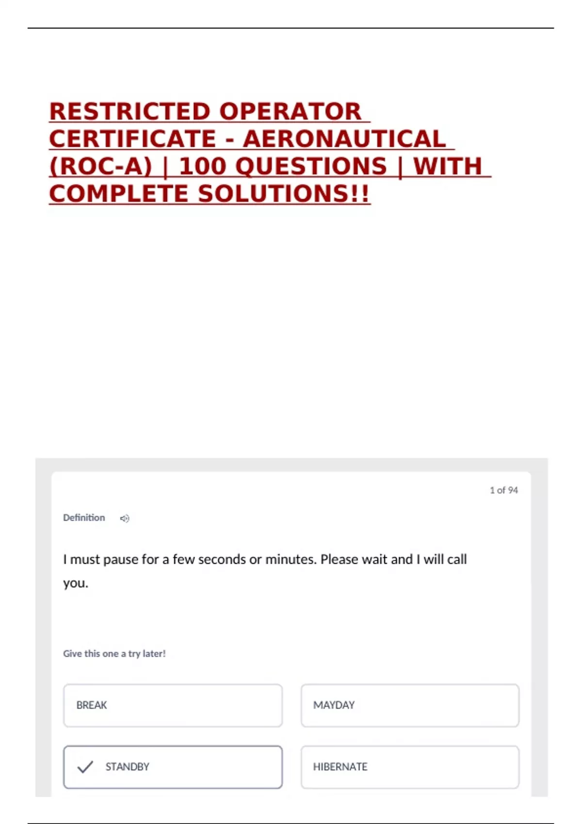 RESTRICTED OPERATOR CERTIFICATE - AERONAUTICAL (ROC-A) | 100 QUESTIONS | WITH COMPLETE SOLUTIONS ...