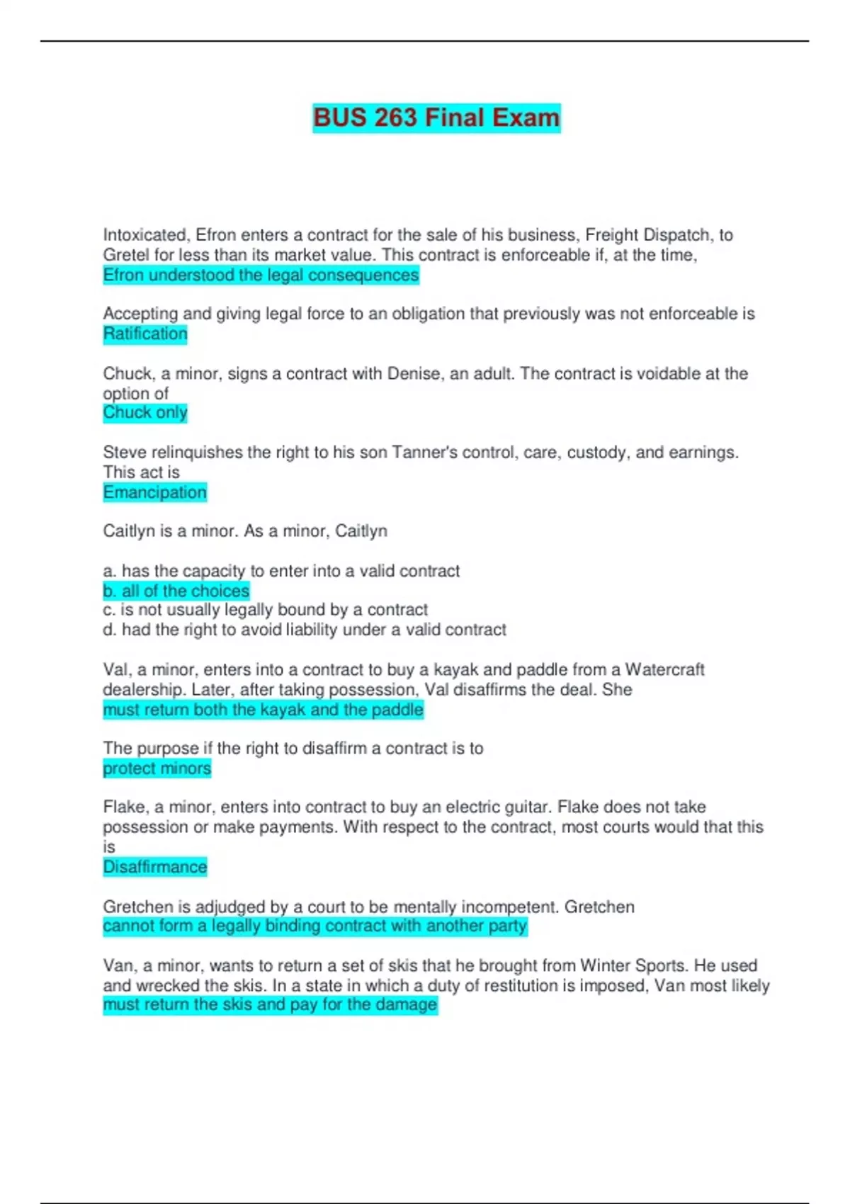 BUS 263 Final Exam | Answered with complete solutions - BUS 263 - Stuvia US