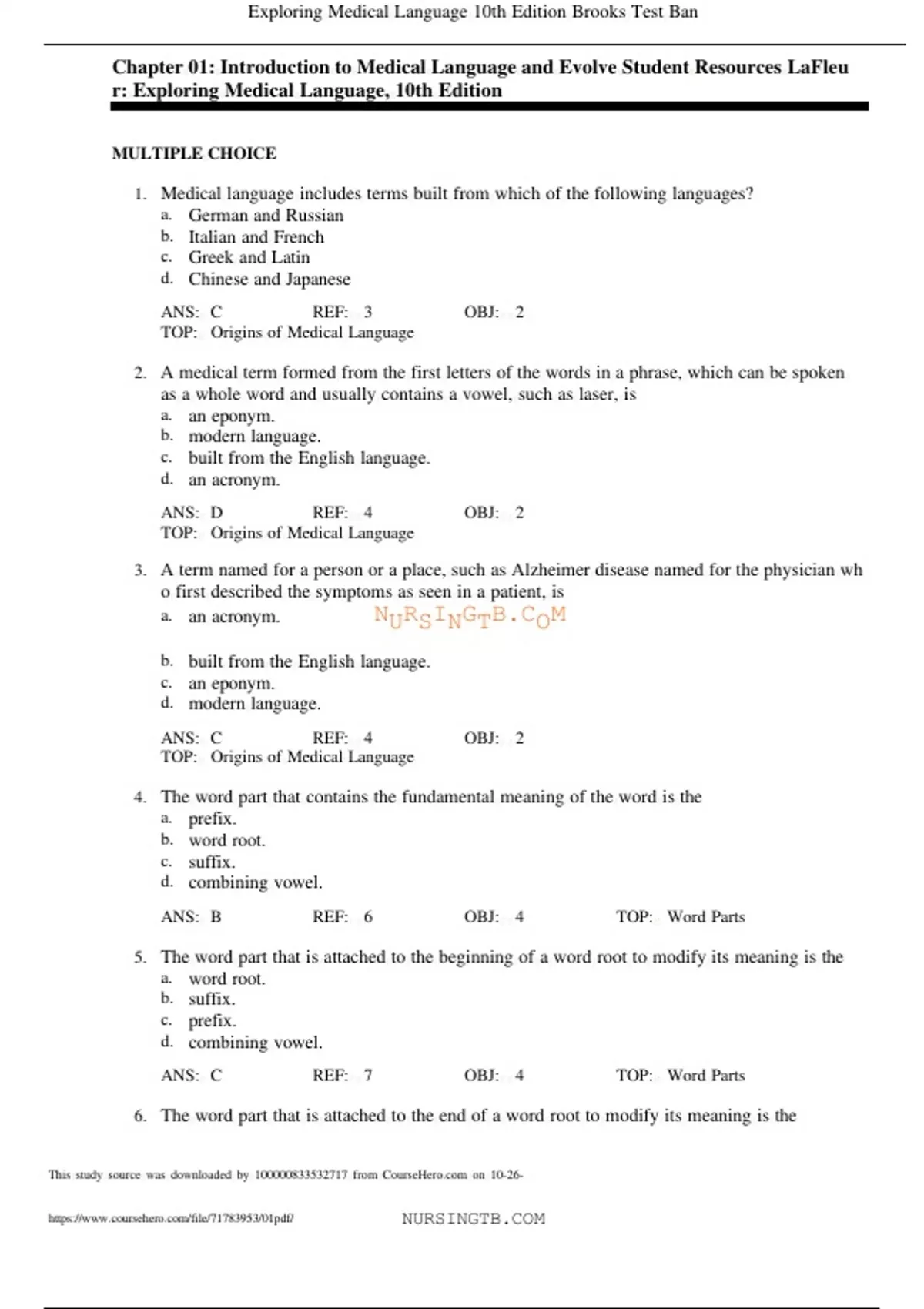 TEST BANK FOR EXPLORING MEDICAL LANGUAGE 10TH EDITION BY MYRNA LAFLEUR ...