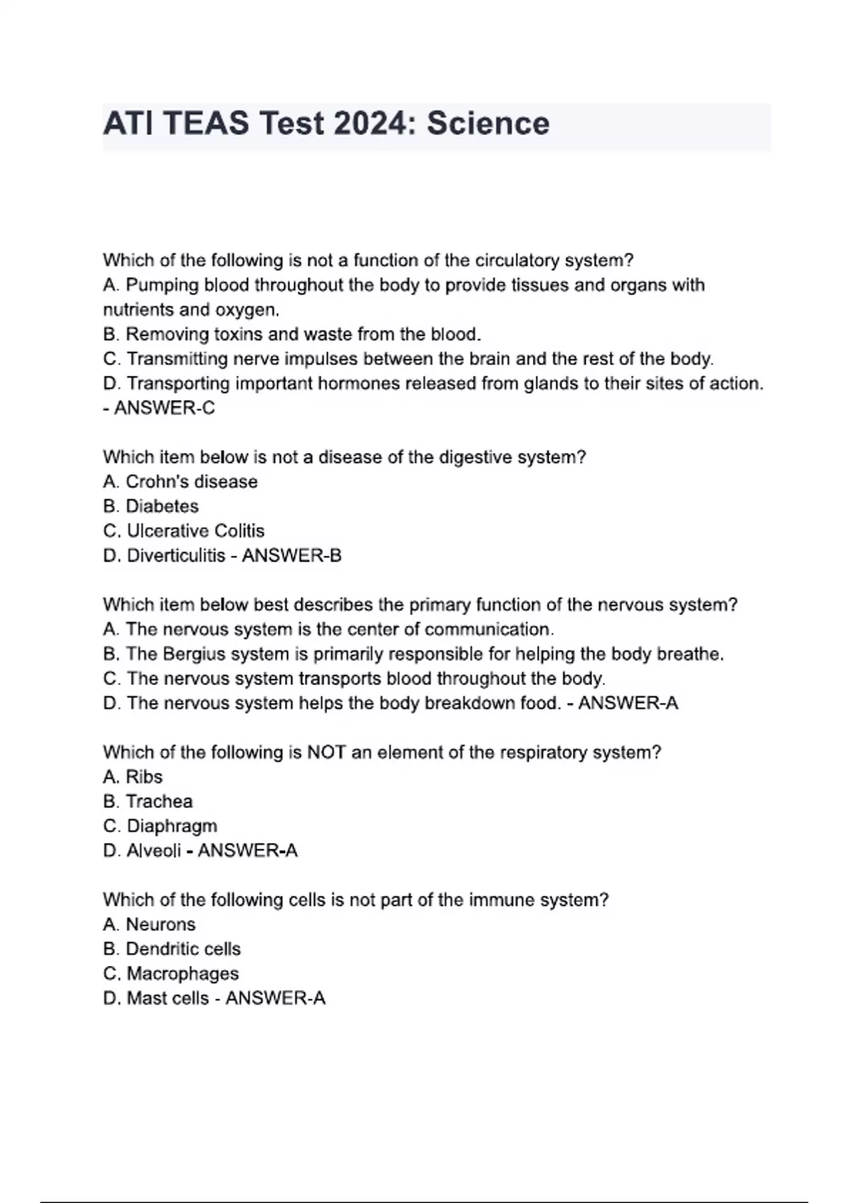 ATI TEAS Test 2024 Science questions and answers - ATI TEAS 7 - Stuvia US