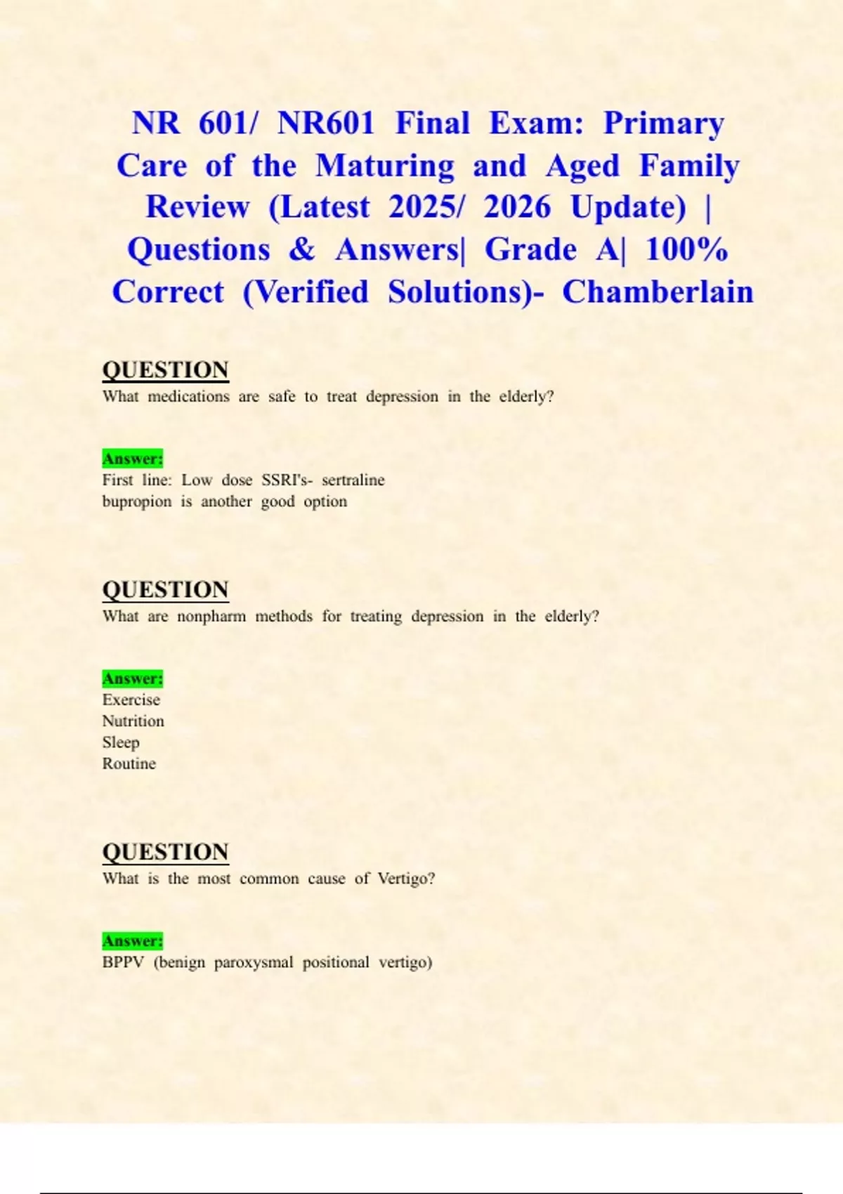 NR 601/ NR601 Final Exams: Primary Care of the Maturing and Aged Family ...