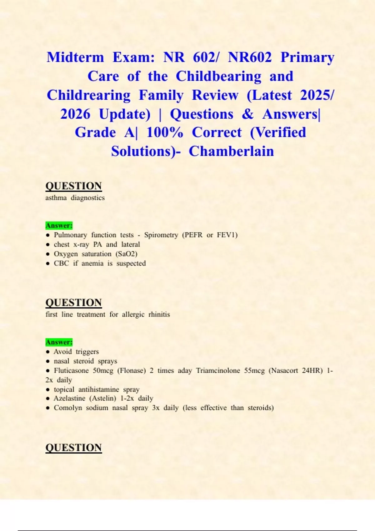 Midterm Exam: NR 602/ NR602 Primary Care of the Childbearing and ...