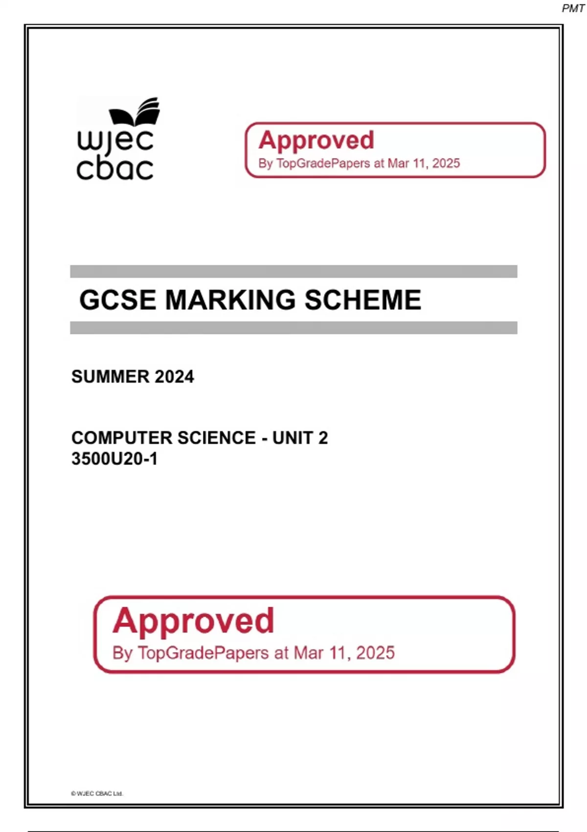 GCSE MARKING SCHEME COMPUTER SCIENCE - UNIT 2 3500U20-1 2024 - COMPUTER SCIENCE - Stuvia US