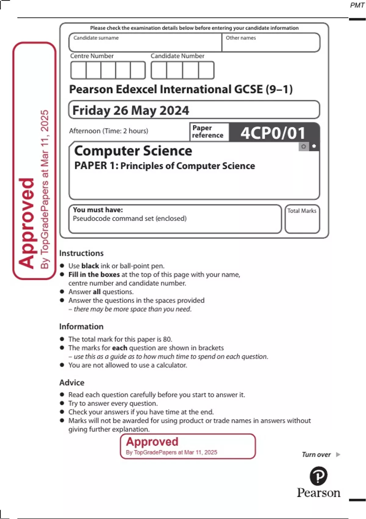 Pearson Edexcel International GCSE (9–1) (Time: 2 hours) 4CP0/01 Computer Science PAPER 1 ...