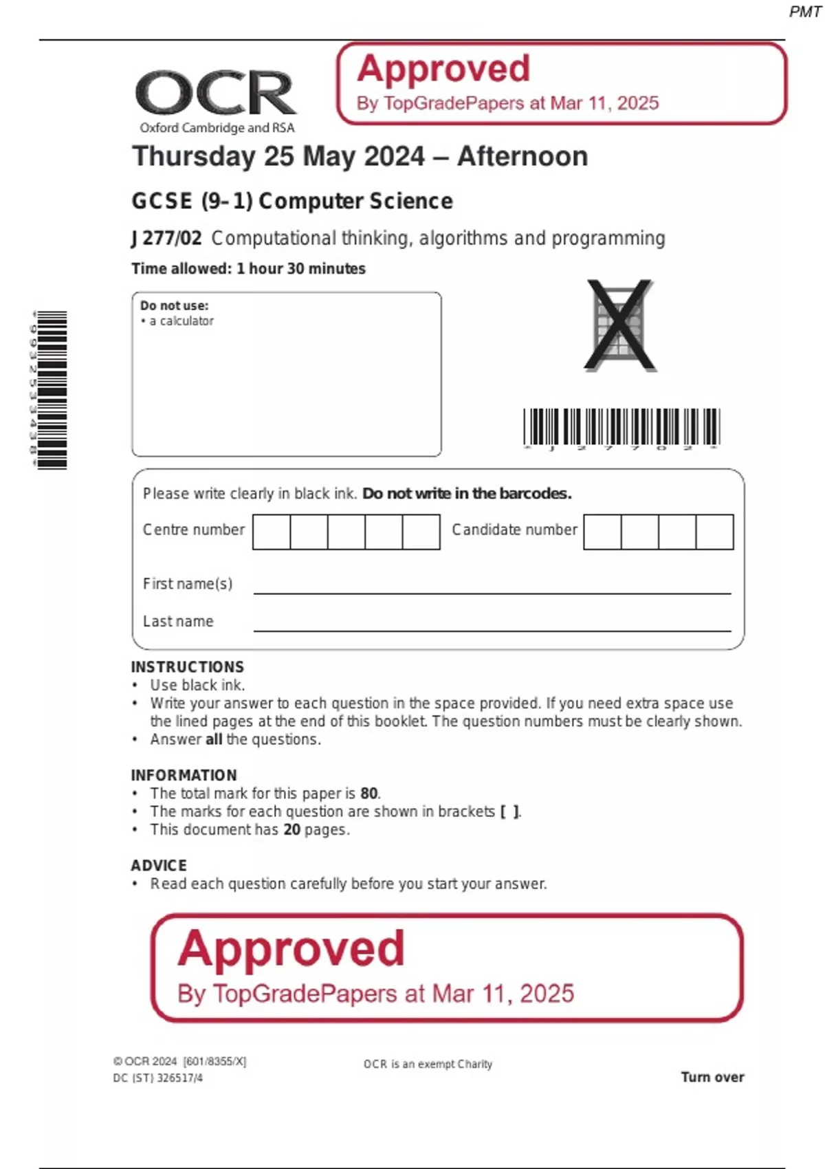 GCSE (9–1) Computer Science J277/02 Computational thinking, algorithms and programming 2024 ...
