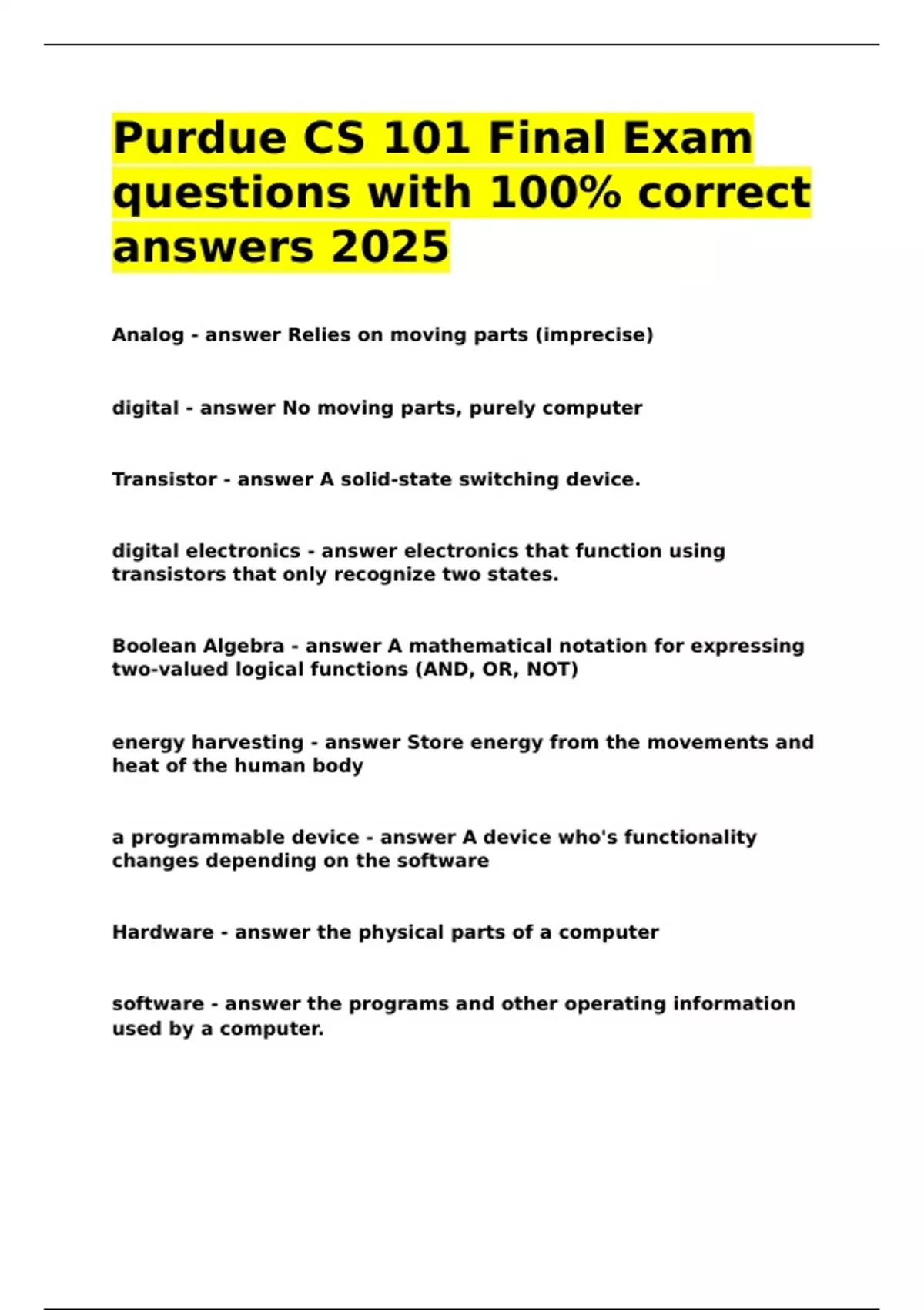 Purdue CS 101 Final Exam questions with 100- correct answers 2025 - CS ...