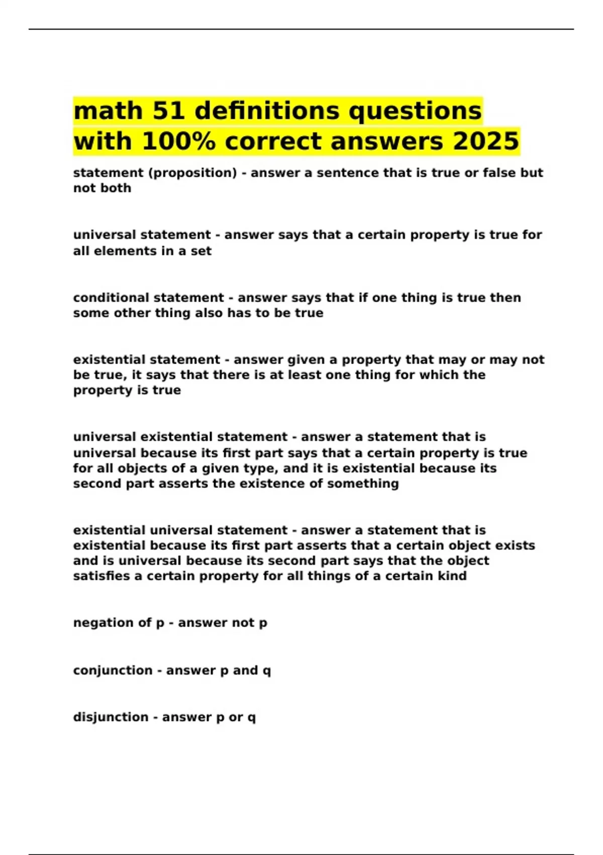 math 51 definitions questions with 100- correct answers 2025. - Math 5. ...