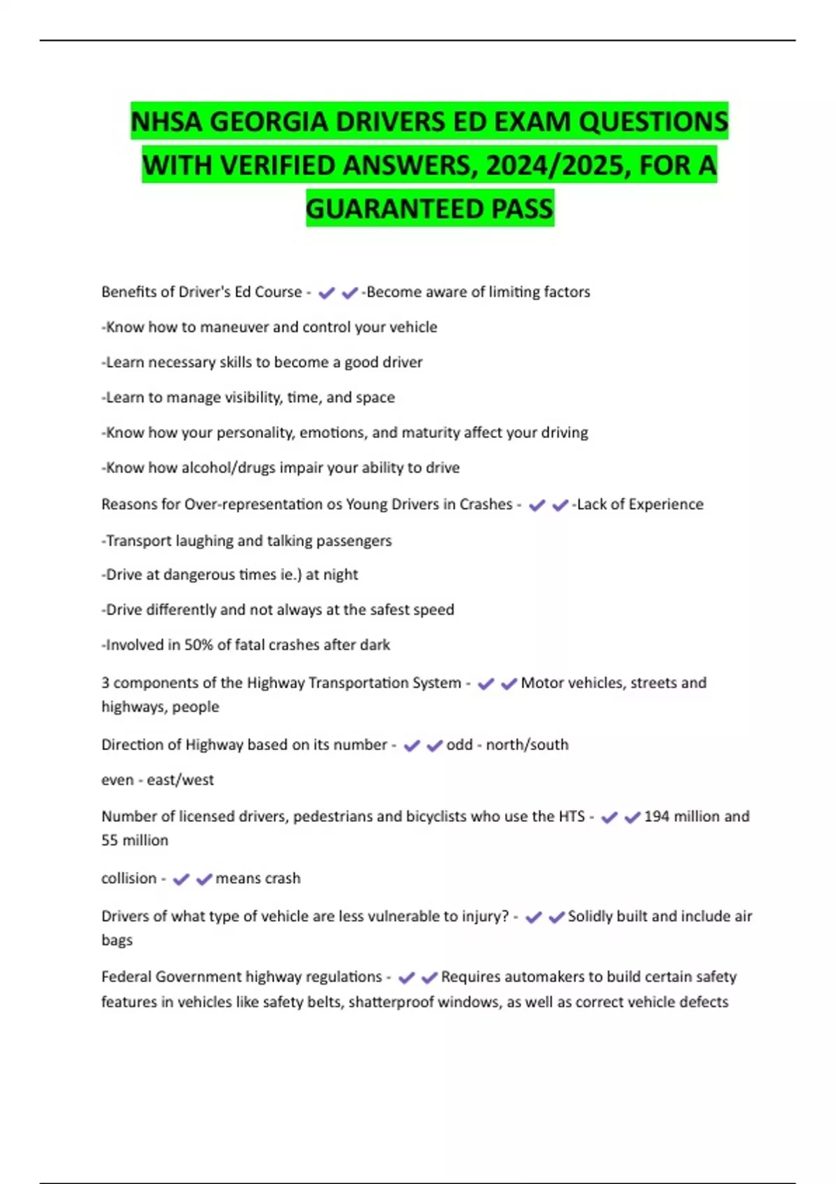 NHSA GEORGIA DRIVERS ED EXAM QUESTIONS WITH VERIFIED ANSWERS, 2024/2025 ...