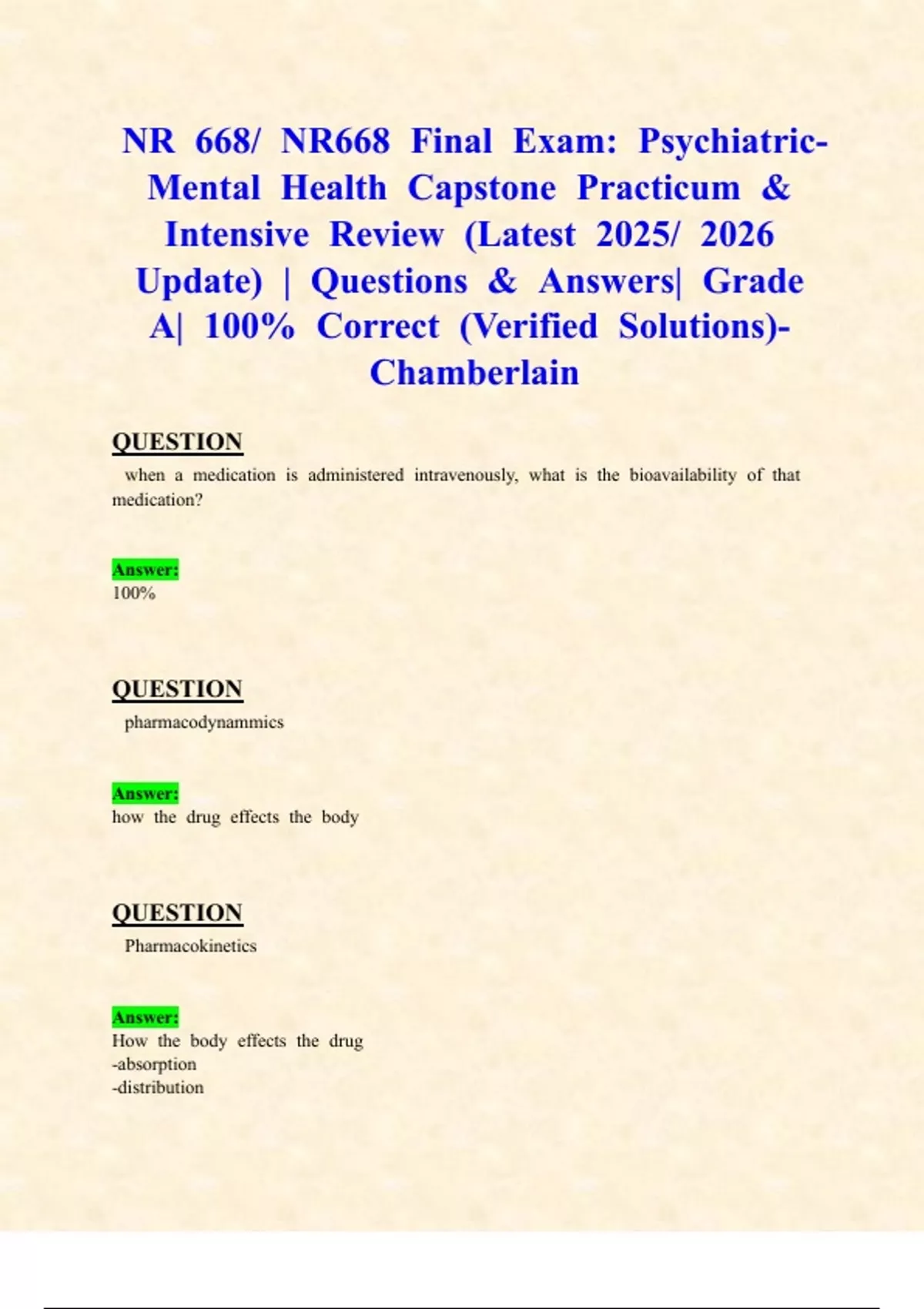 NR 668/ NR668 Final Exam: Psychiatric-Mental Health Capstone Practicum ...