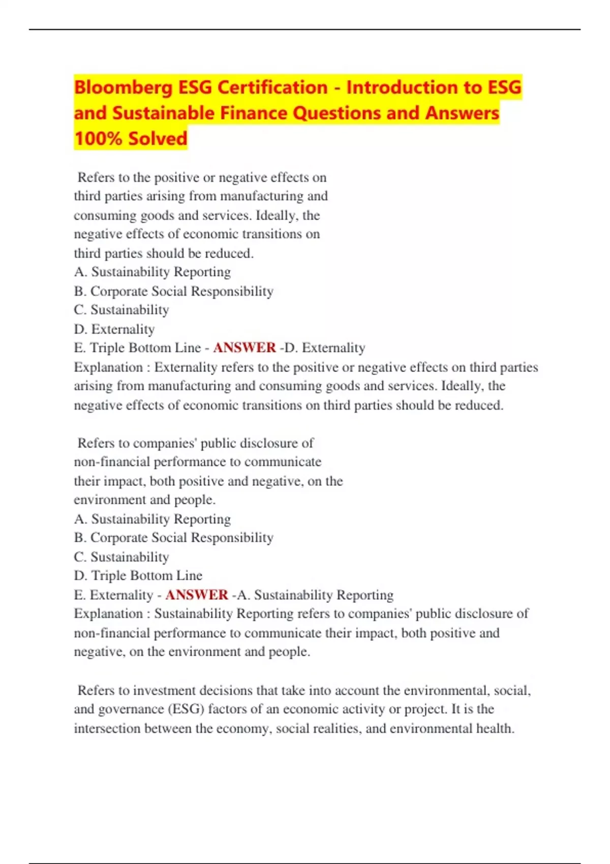 Bloomberg ESG Certification - Introduction to ESG and Sustainable Finance Questions and Answers ...
