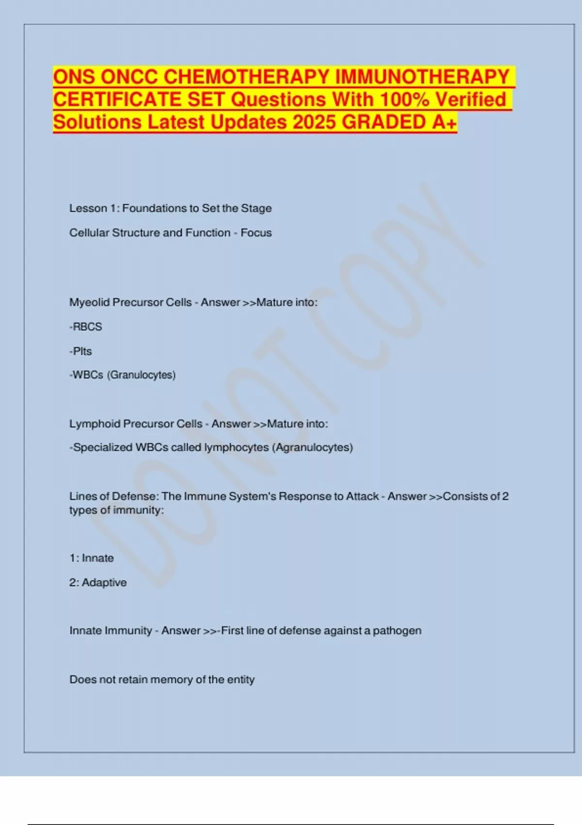 ONS ONCC CHEMOTHERAPY IMMUNOTHERAPY CERTIFICATE SET Questions With 100 ...