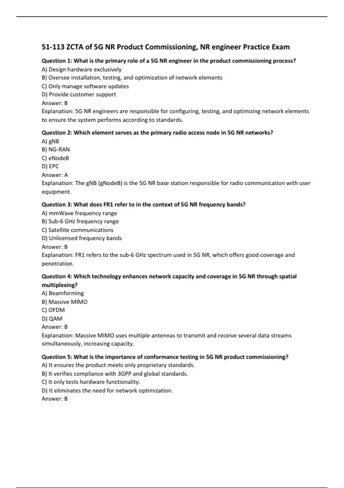 51-113 ZCTA of 5G NR Product Commissioning, NR engineer Practice Exam - Computers - Stuvia US