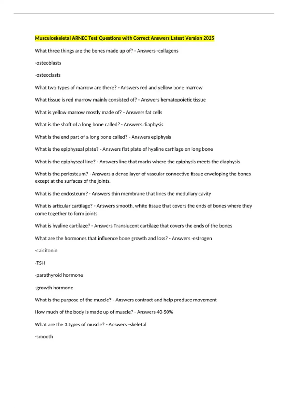 Musculoskeletal ARNEC Test Questions with Correct Answers Latest ...