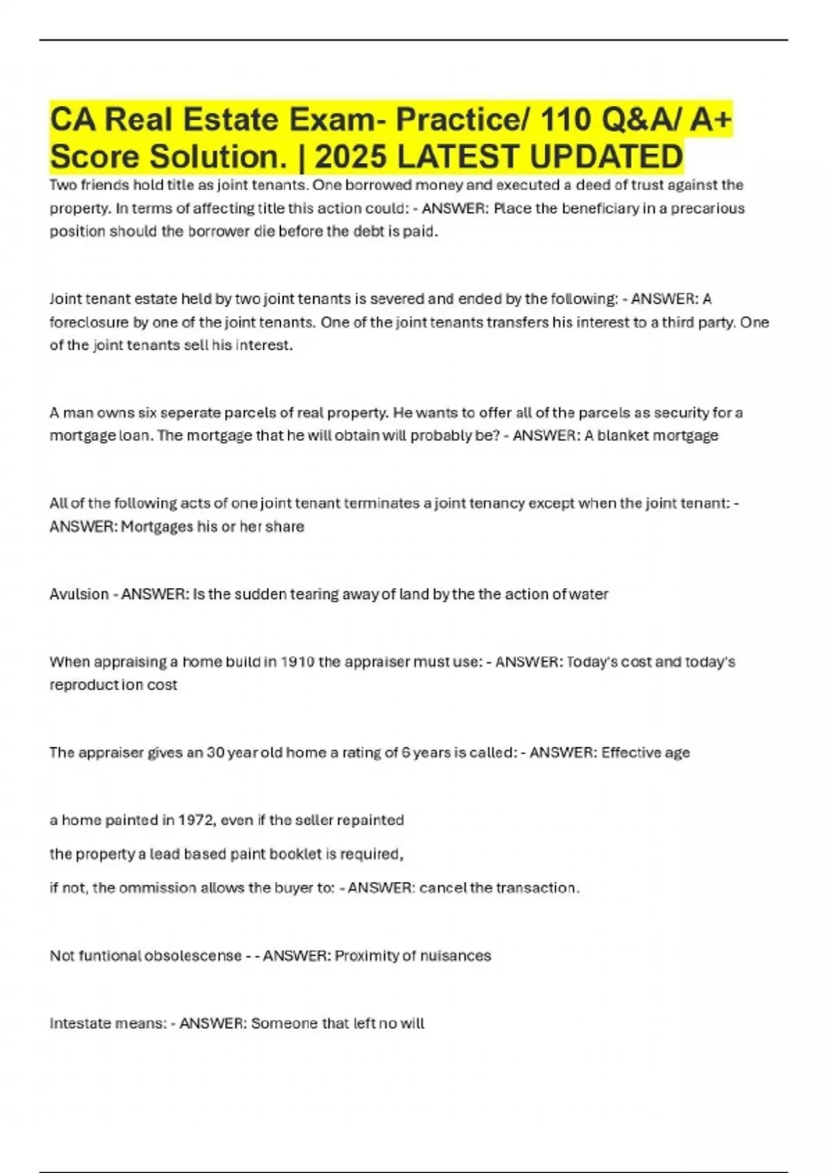 CA Real Estate Exam- Practice/ 110 Q&A/ A+ Score Solution. | 2025 ...