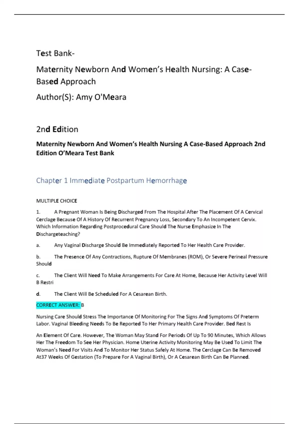 Test Bank -Maternity Newborn and Women’s Health Nursing: A Case-Based ...